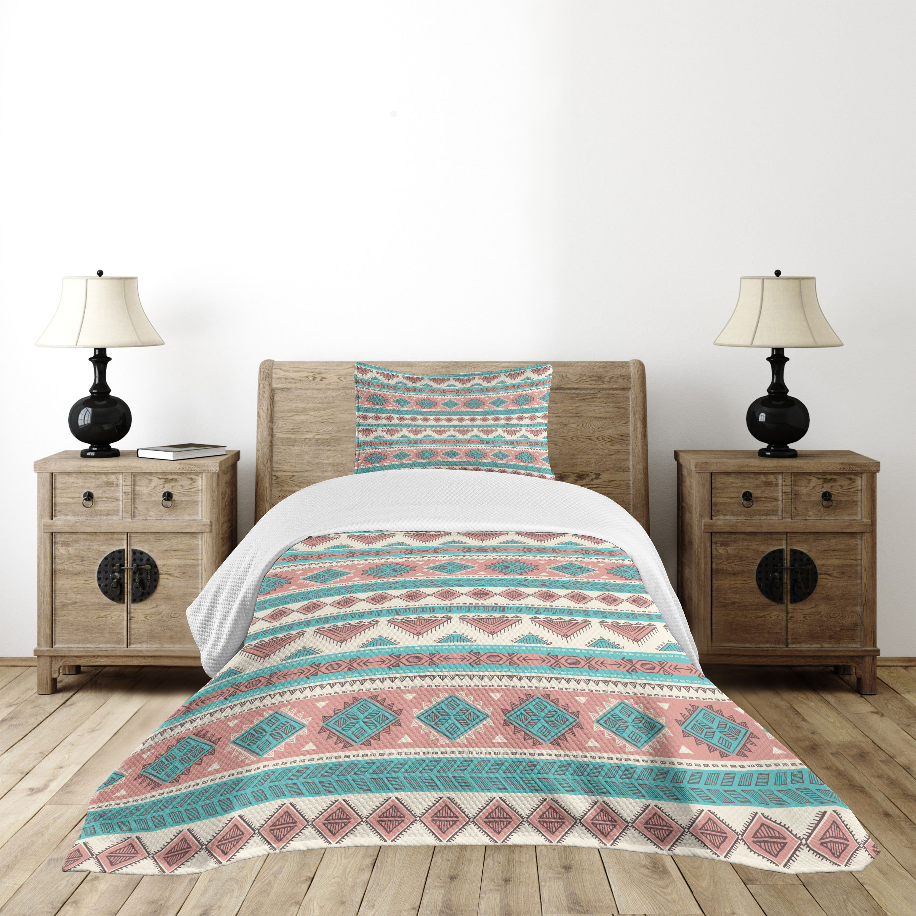 Ambesonne Tribal Bedspread Set Aztec Art Style Cream Aqua and Peach ...