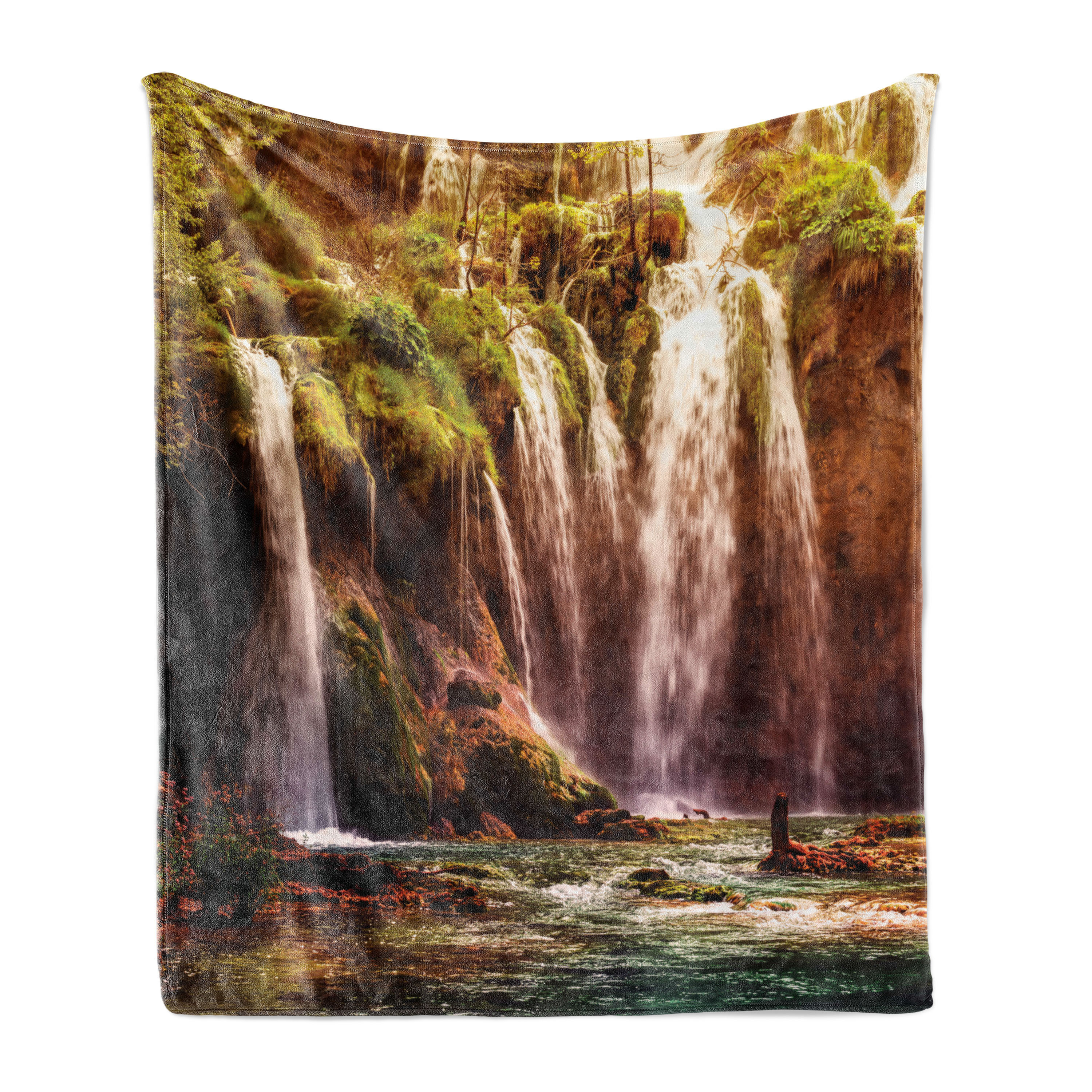 Ambesonne Nature Fleece Throw Blanket Waterfall Forest Trees Green and ...