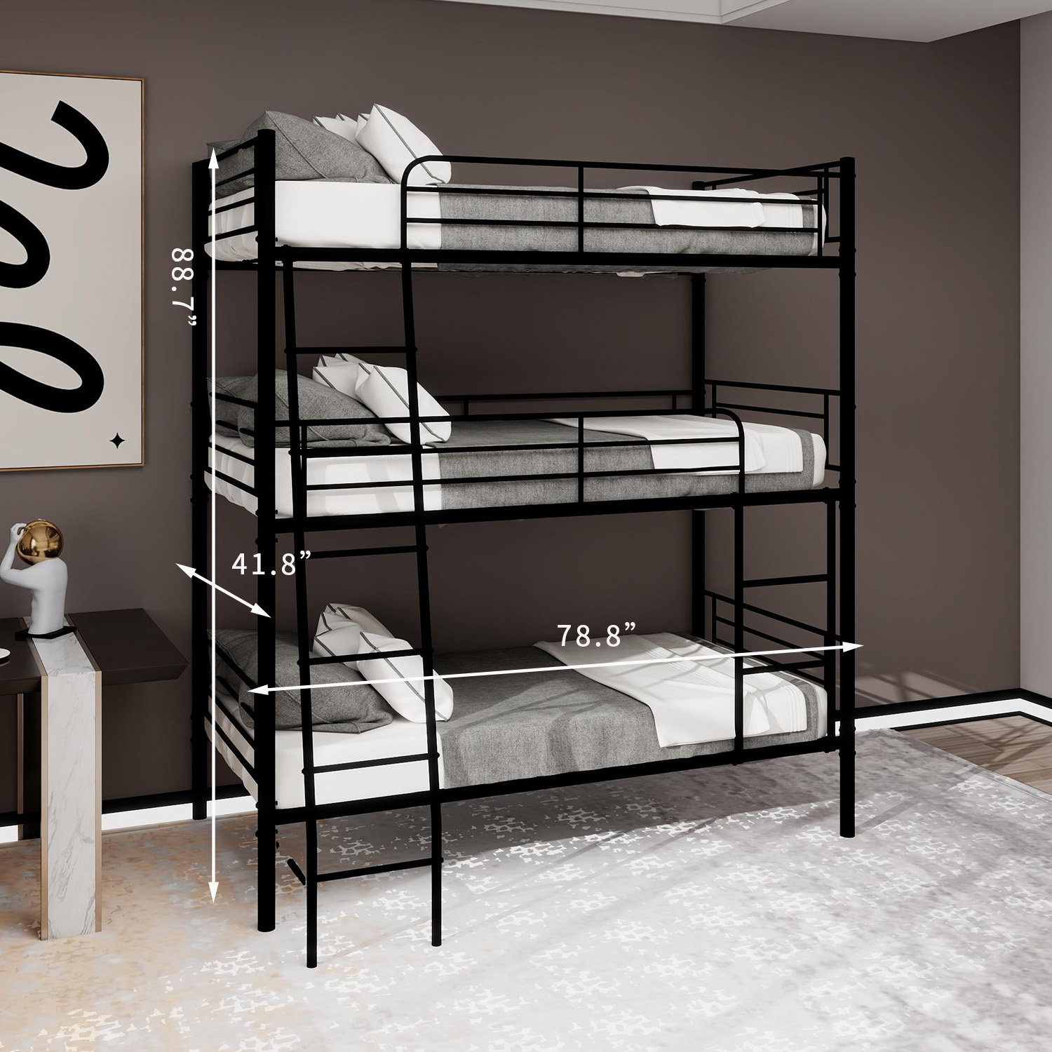 Ivy Bronx Black Metal Bedroom Dormitory Double Bed Size Triple Bunk Bed ...