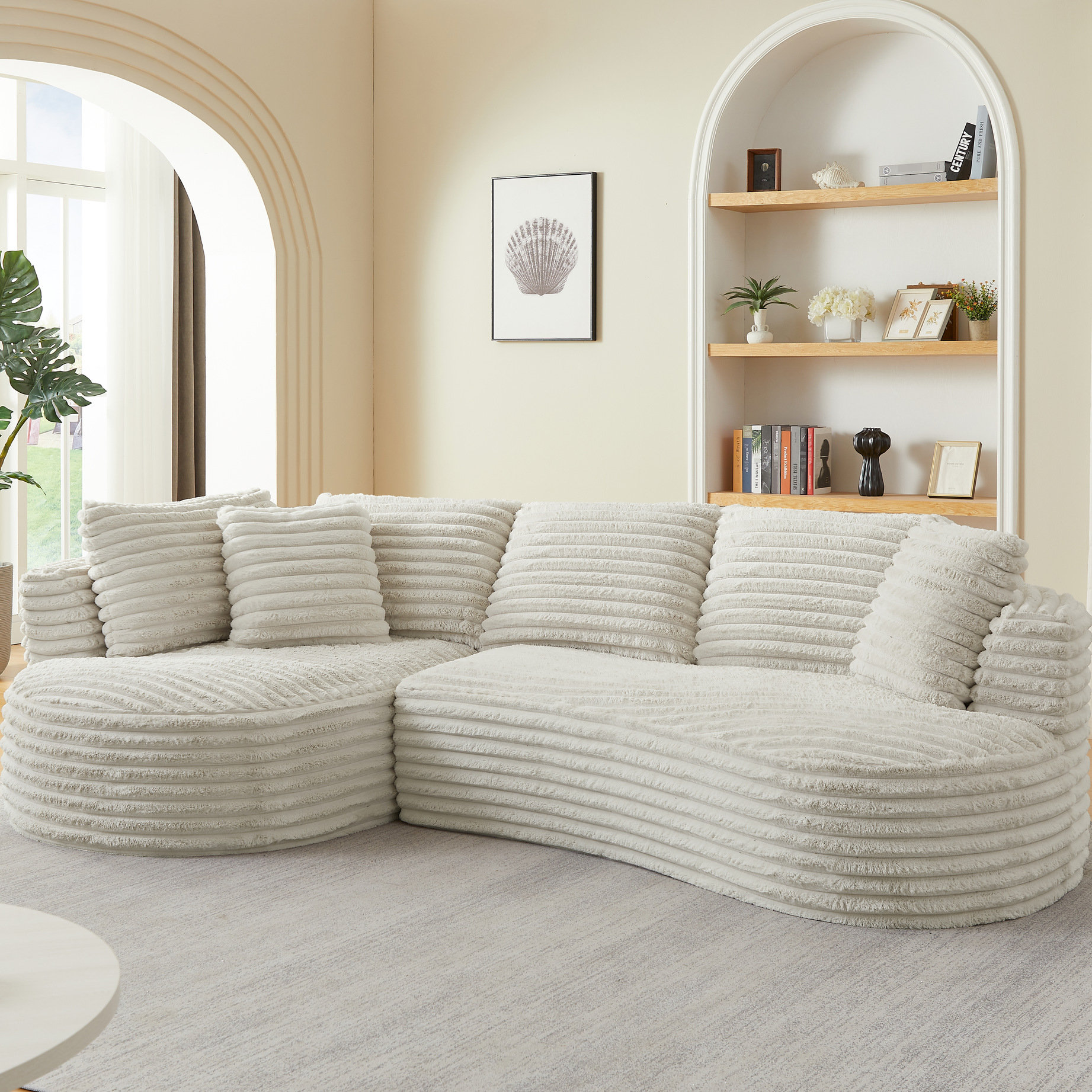 Mercer41 Modern Curved L-shape 4 Cream Corduroy Comfy Sleeper With ...