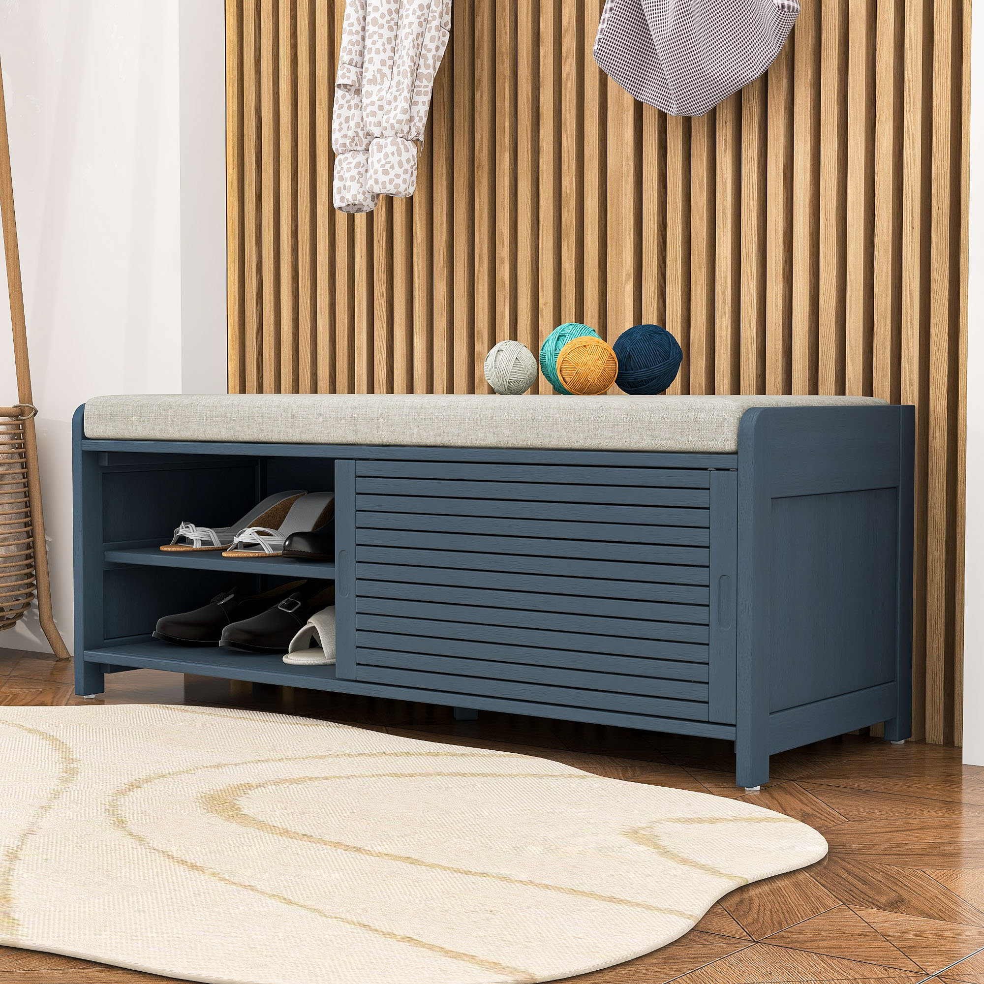 One Allium Way® Elegant Shutter Storage Bench with Sliding Door | Wayfair