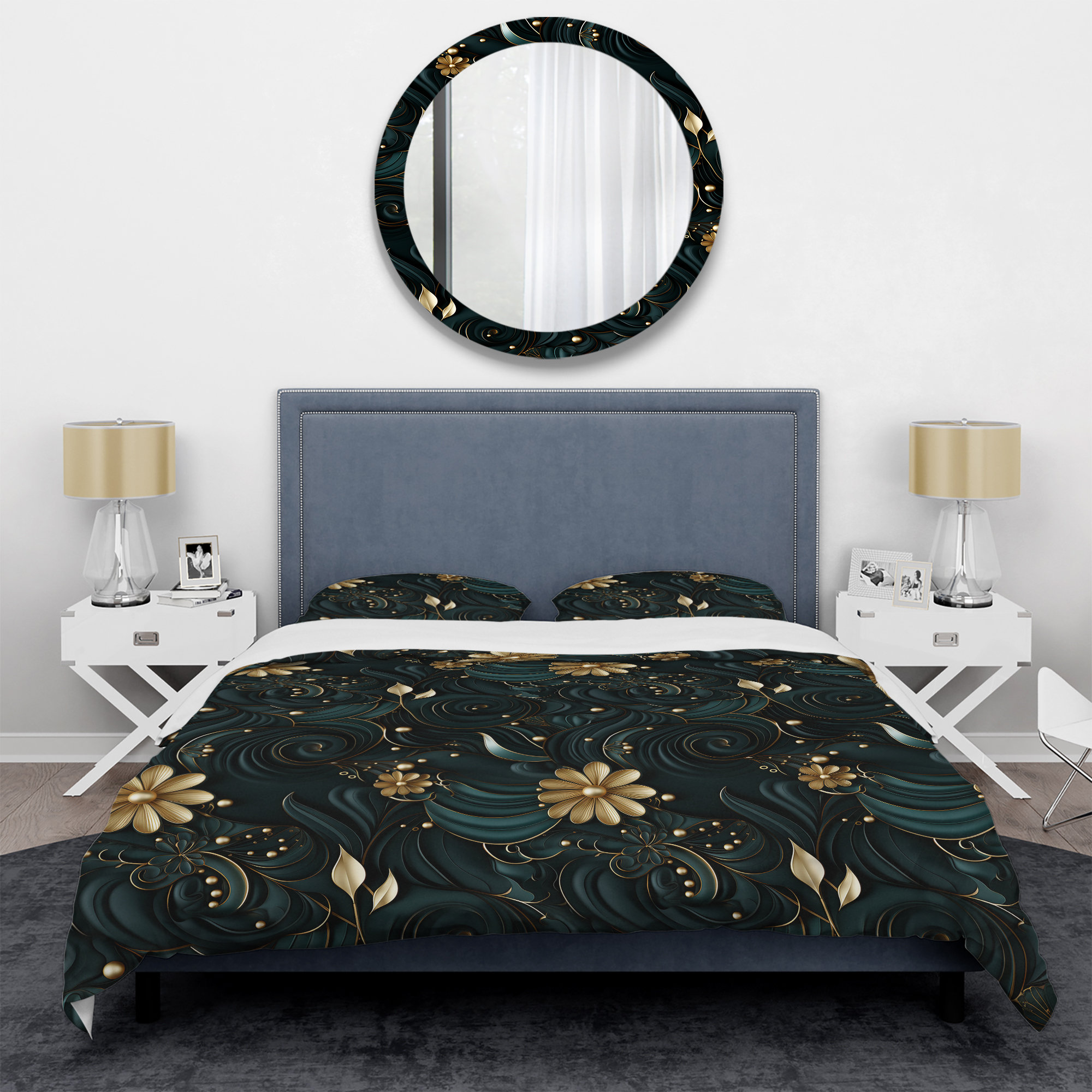 Design Art Deep Emerald Radiant Glamour Emerald - Damask Duvet Cover ...