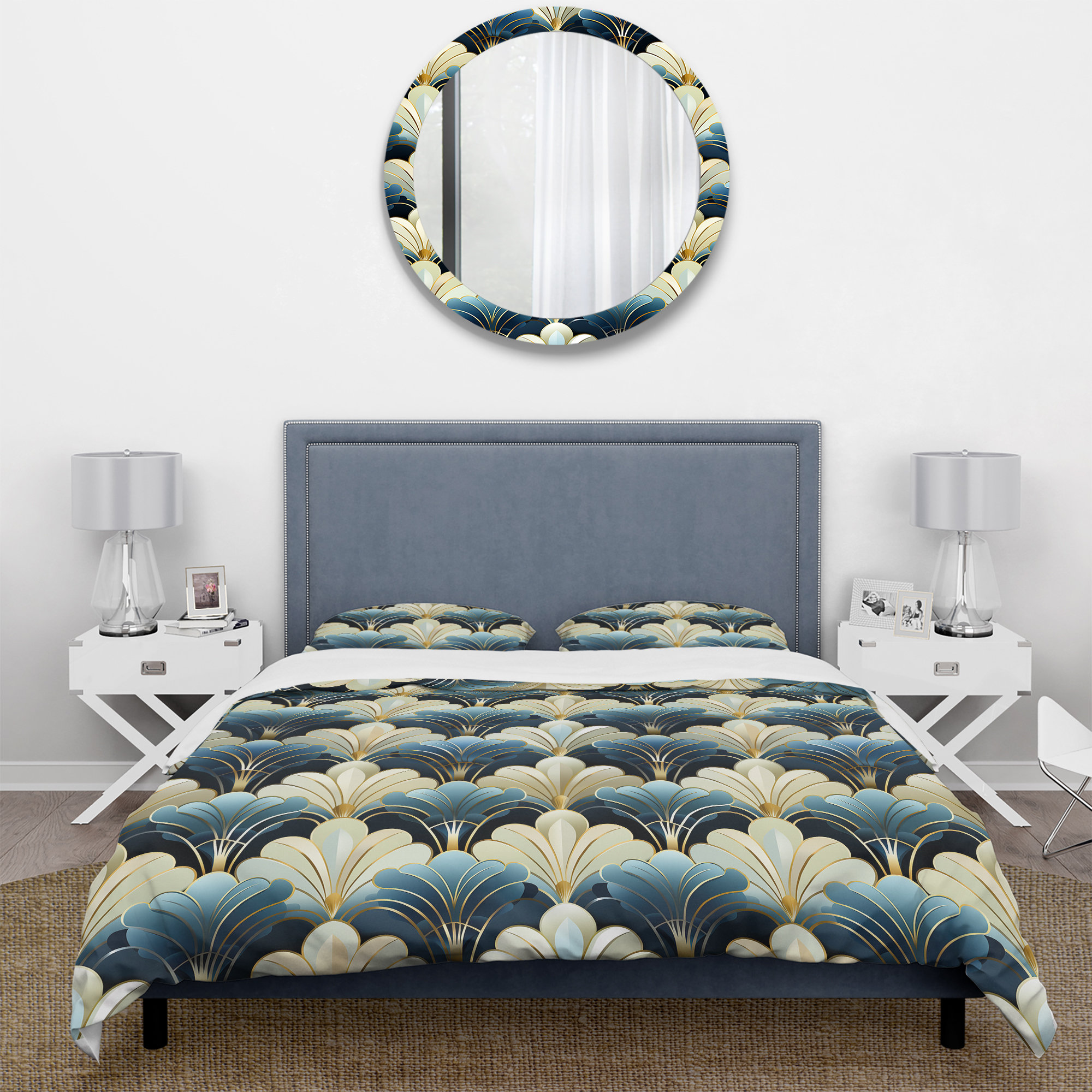 Design Art 1970S Blue And Beige Damask Art Deco - Damask Duvet Cover ...