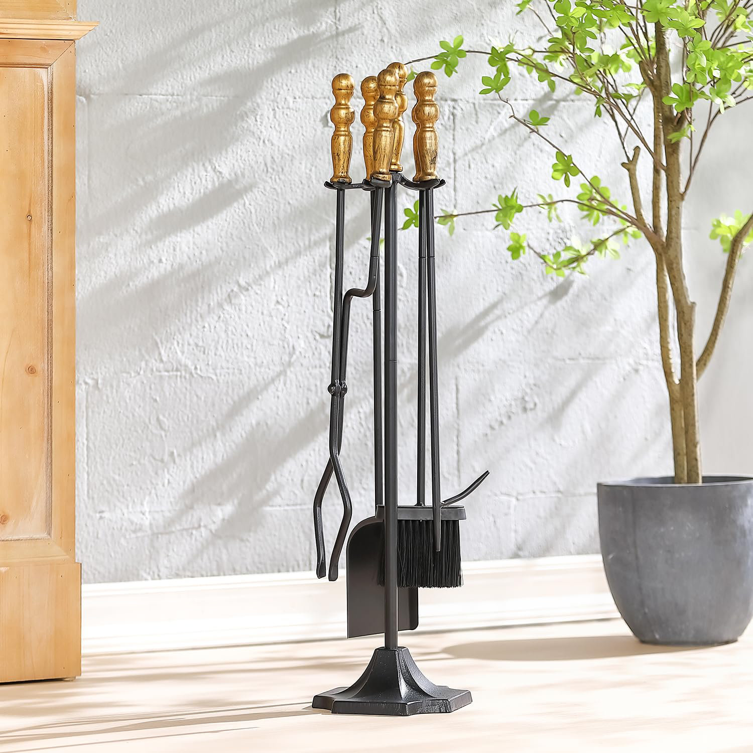 XMVJHOME Wrought Iron Fireplace Tool Set - 5 Piece Black & Golden ...