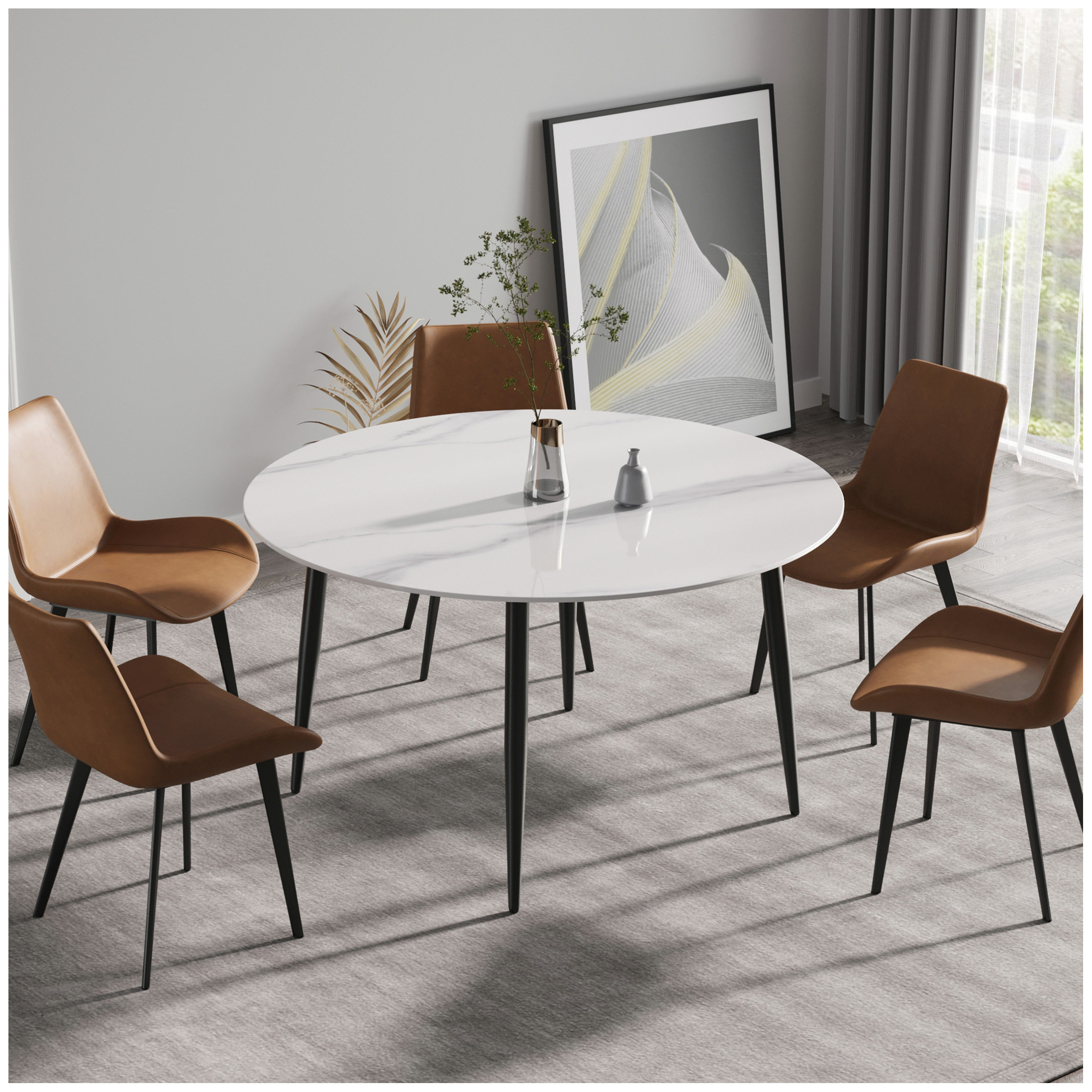 Ivy Bronx 53.15"Modern man-made stone round black metal dining table ...
