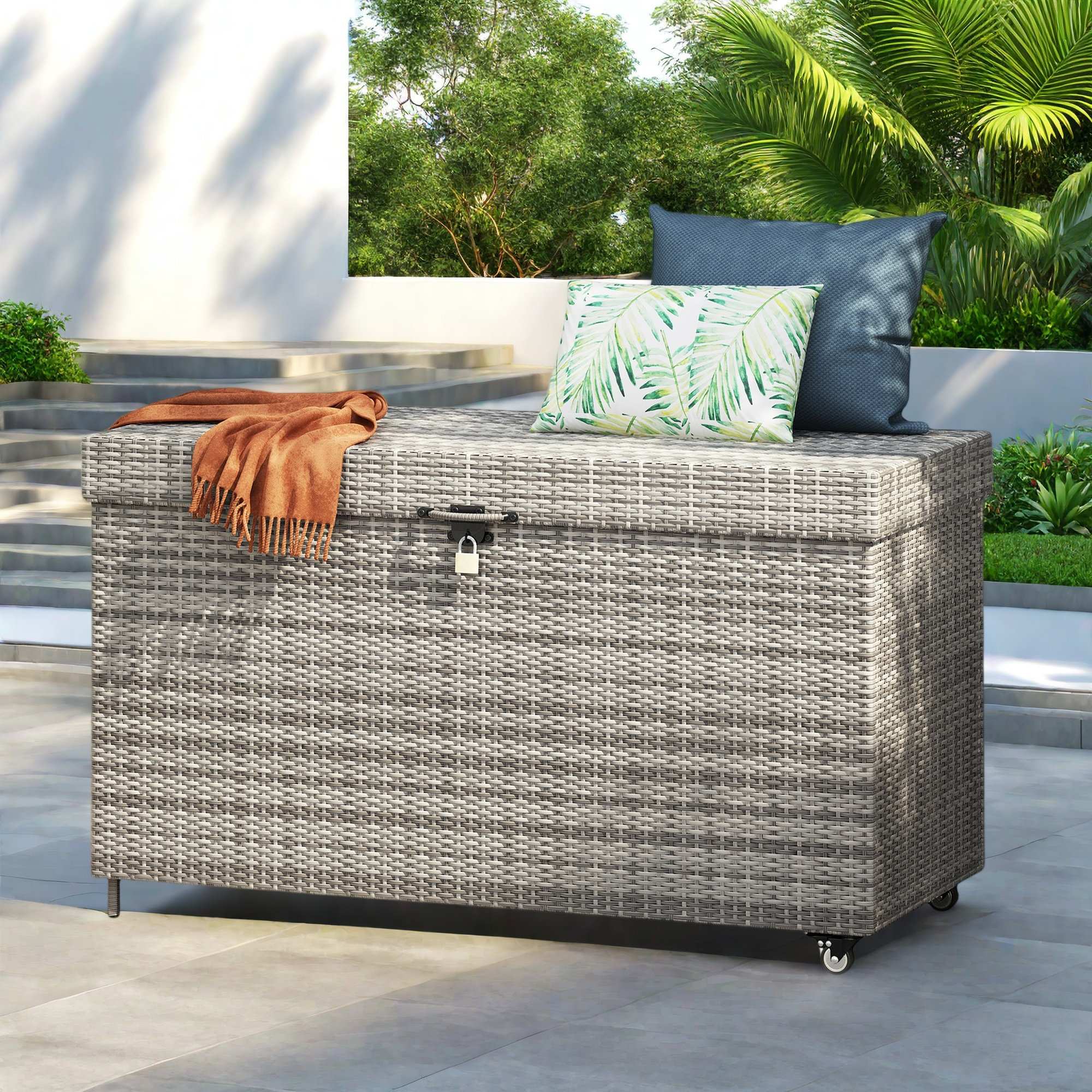 RADIANT DECOR All-weather Outdoor Wicker Deck Box With Wheels, A ...