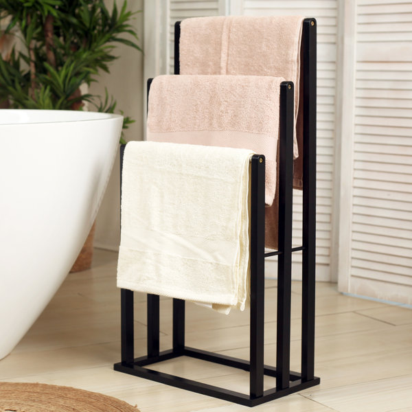 Froppi Bamboo Free Standing Towel Rack Black Wooden Towel Holder with 3 ...