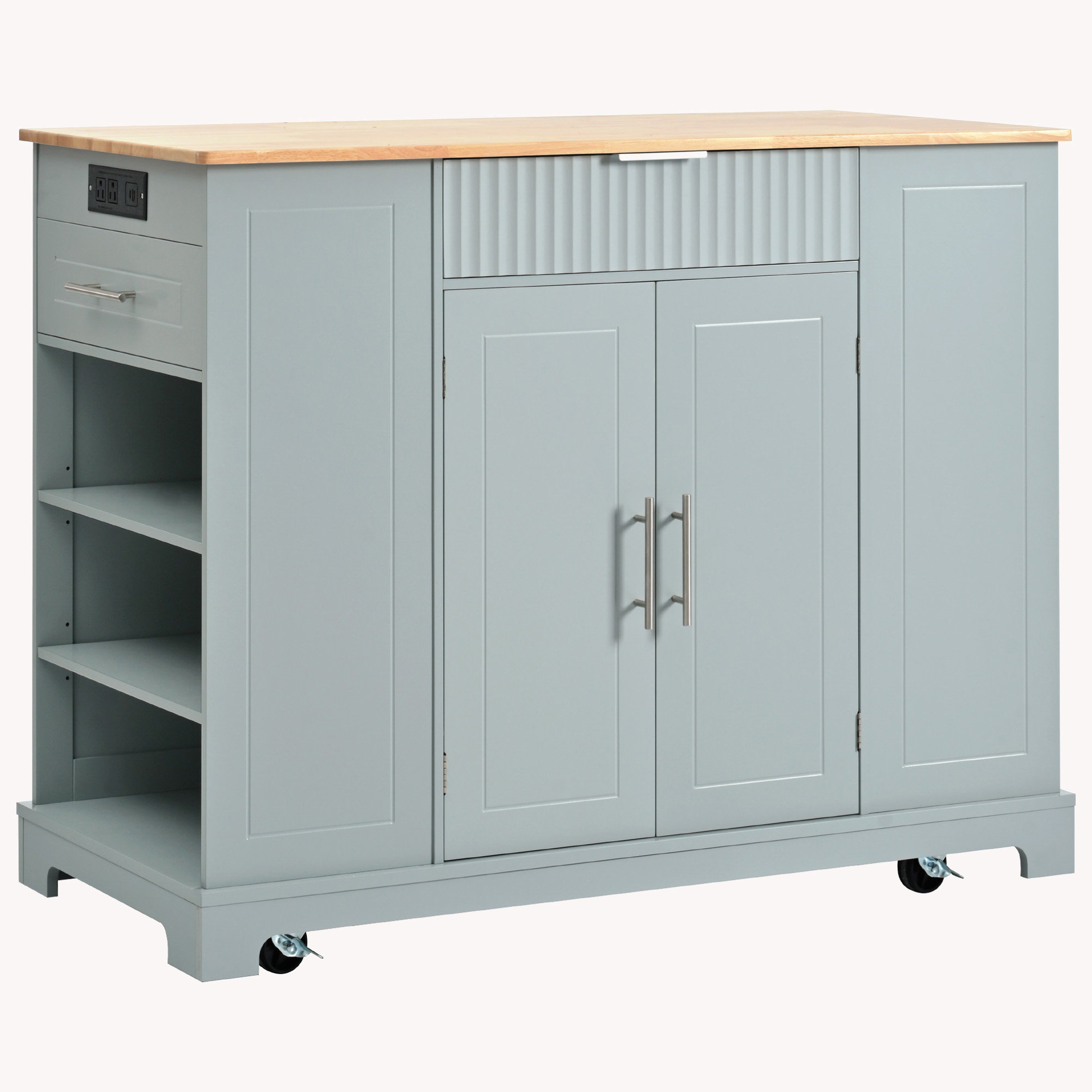 Latitude Run® Kitchen Island with Trash Can Storage Cabinet, Power ...