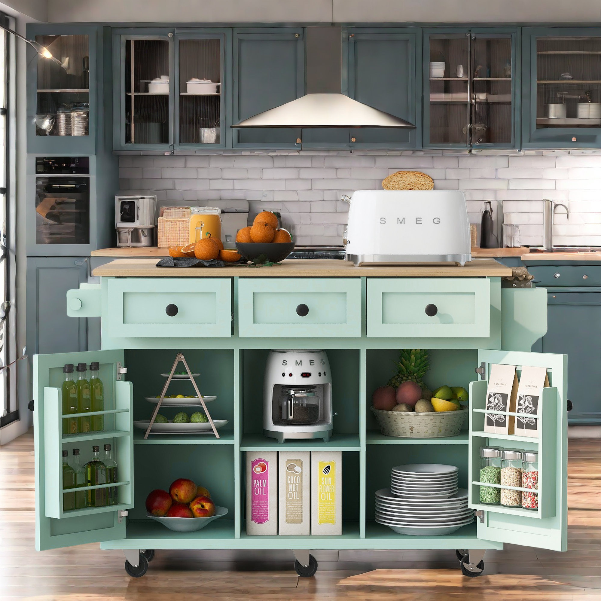 Lark Manor Kitchen Island With Drop-leaf Countertop, 5 Wheels, Storage ...