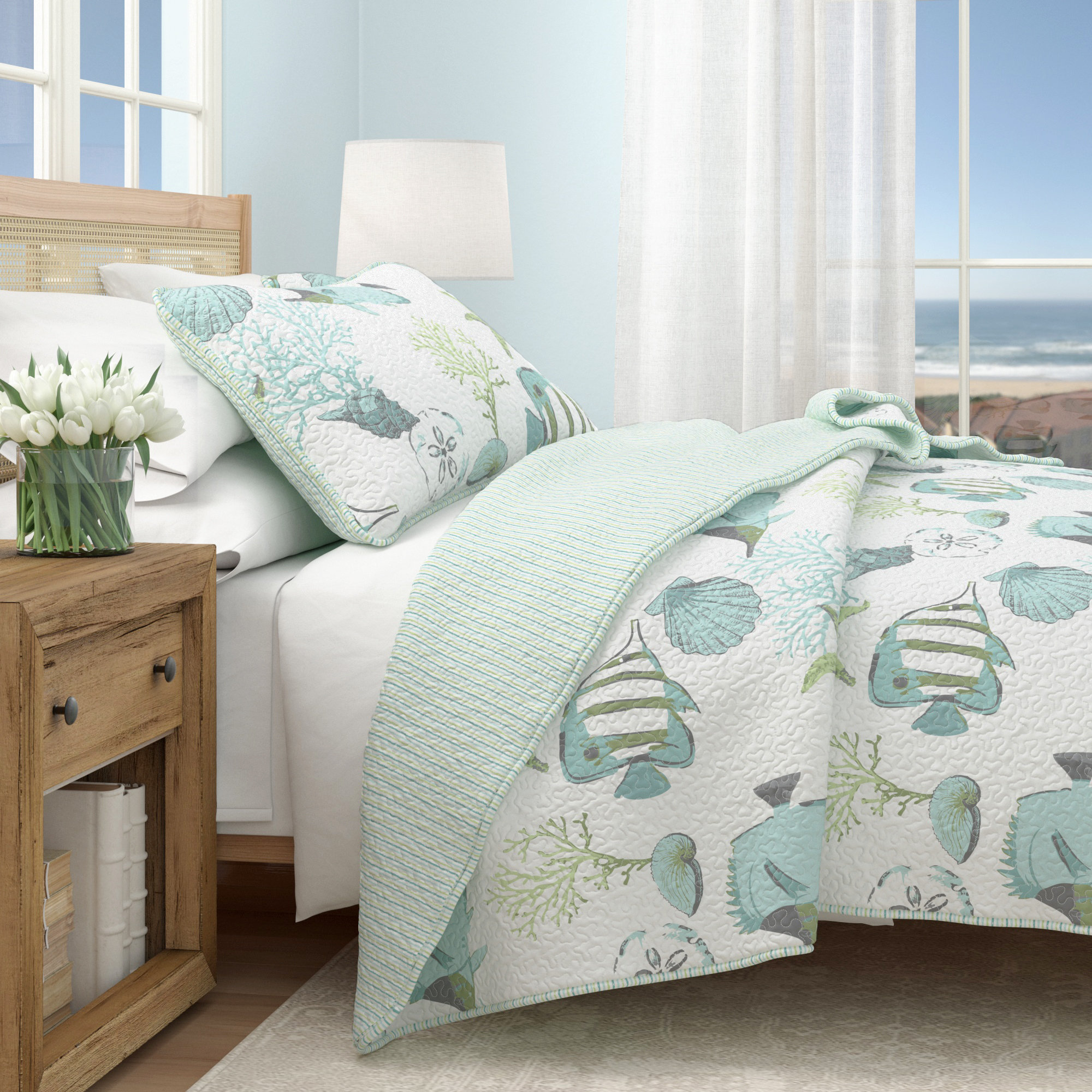FreshFolds Blue / Green Fish & Seashell Quilt Set with Shams & Reviews ...