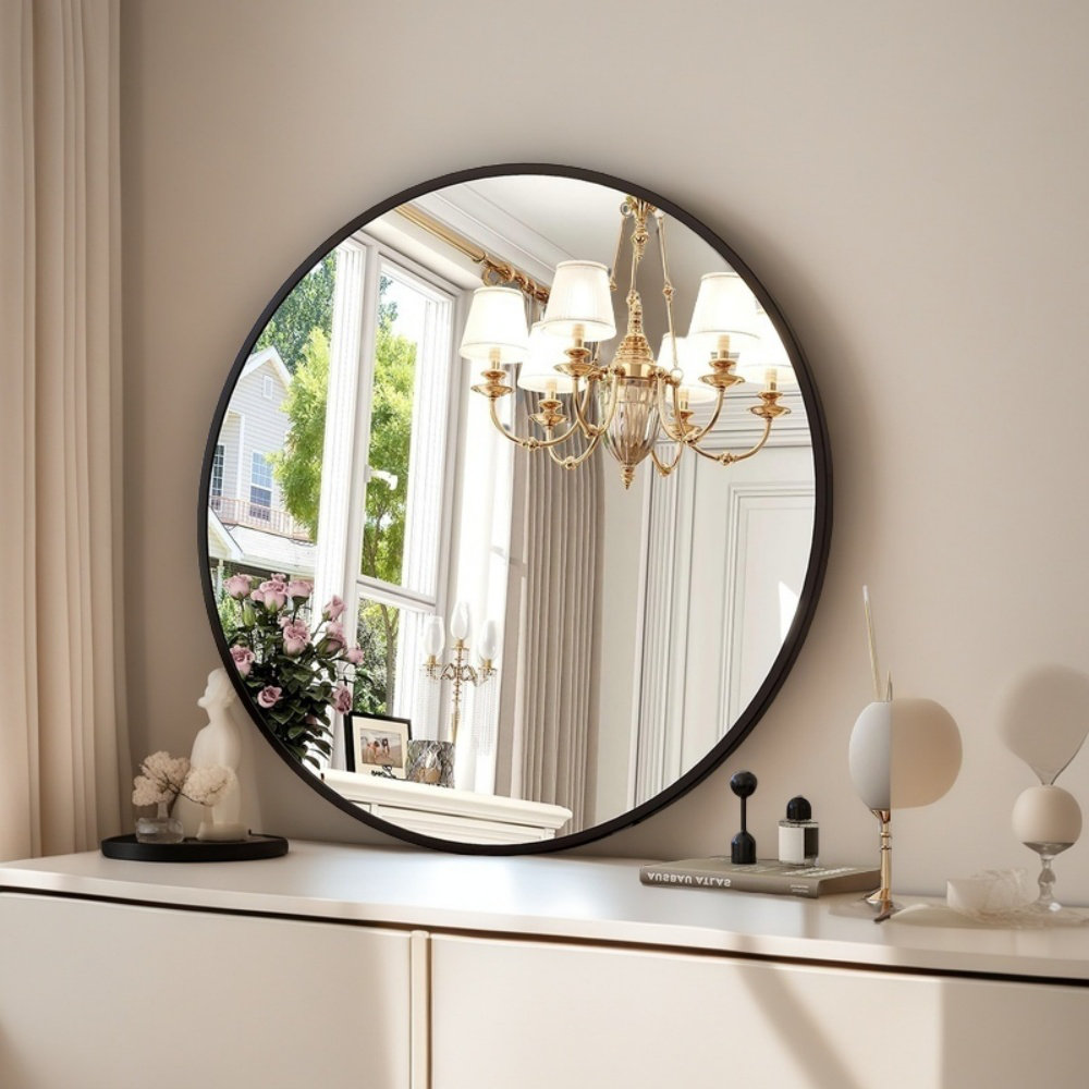 Ebern Designs 20-Inch Black Round Wall Mirror Circle Bathroom Mirrors ...
