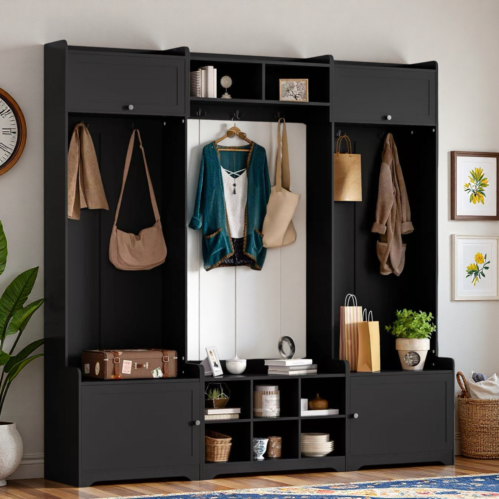 Hokku Designs 4-in-1 Modern Hall Tree With Shoe Storage, Cubbies, Coat ...