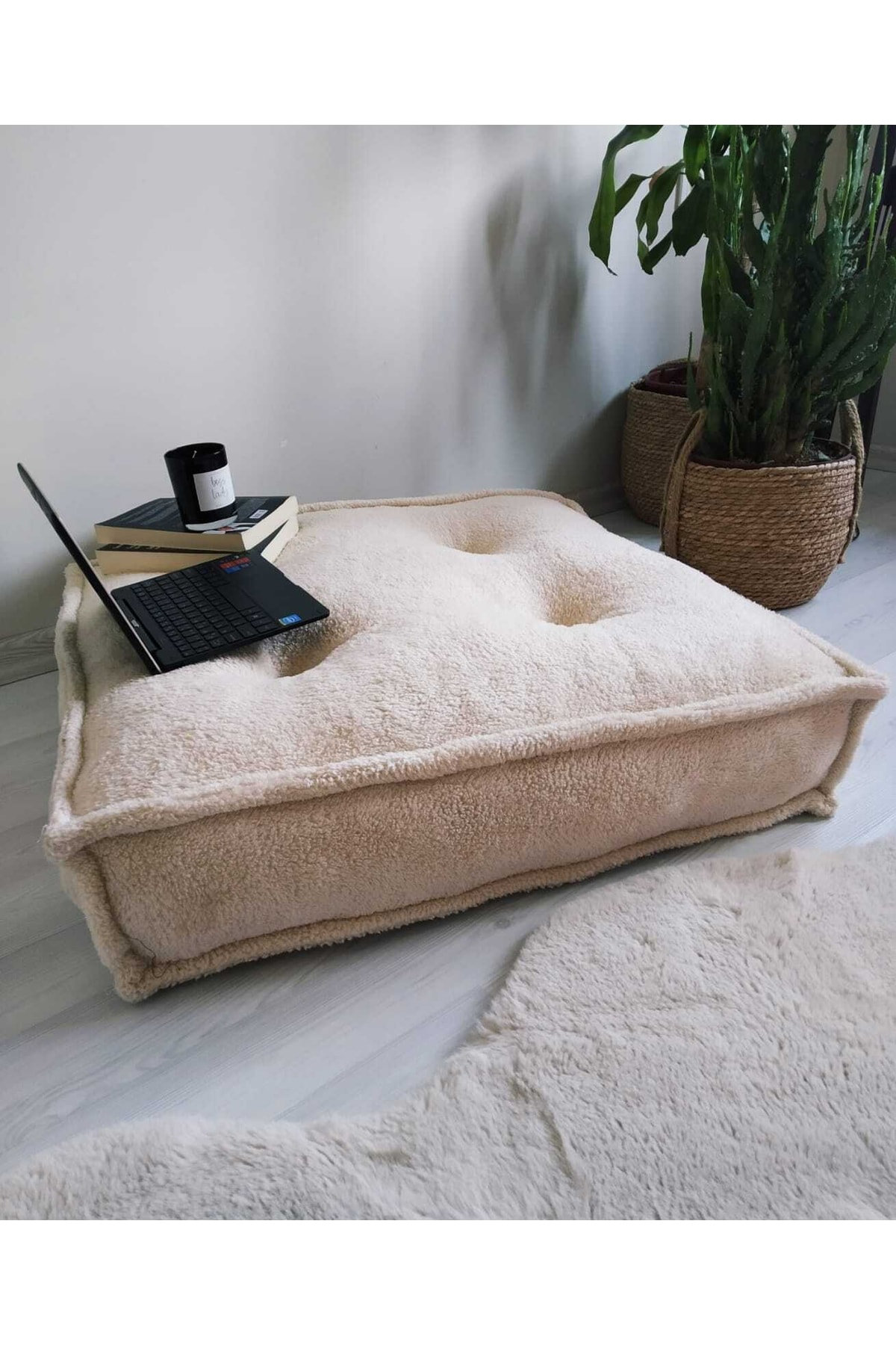 Sync Home Soft-Filled Cream Teddy Fabric Square Biscuit Cushion Ottoman ...