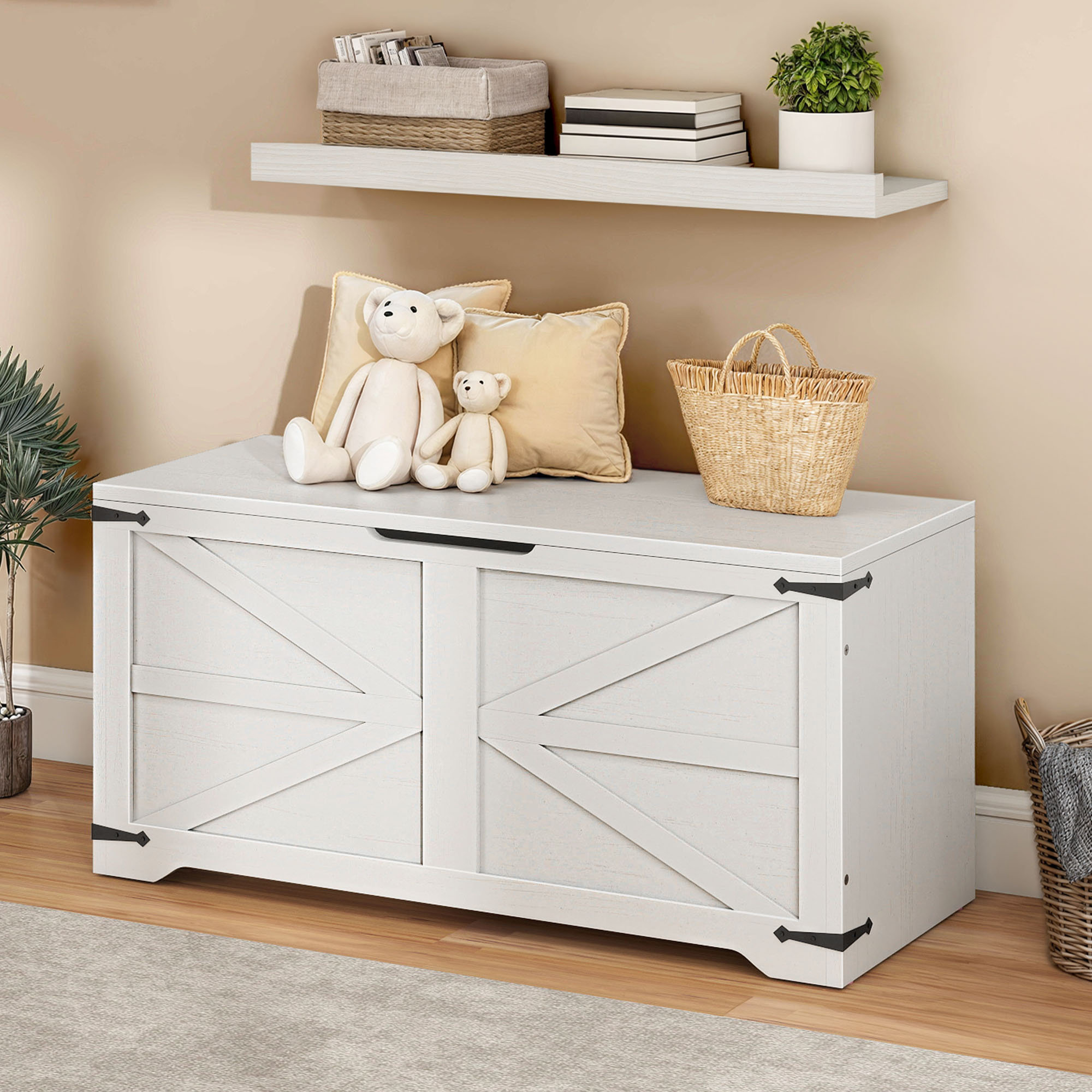 Gracie Oaks Farmhouse Wooden Storage Box Trunk Bench Chest, With Safety ...