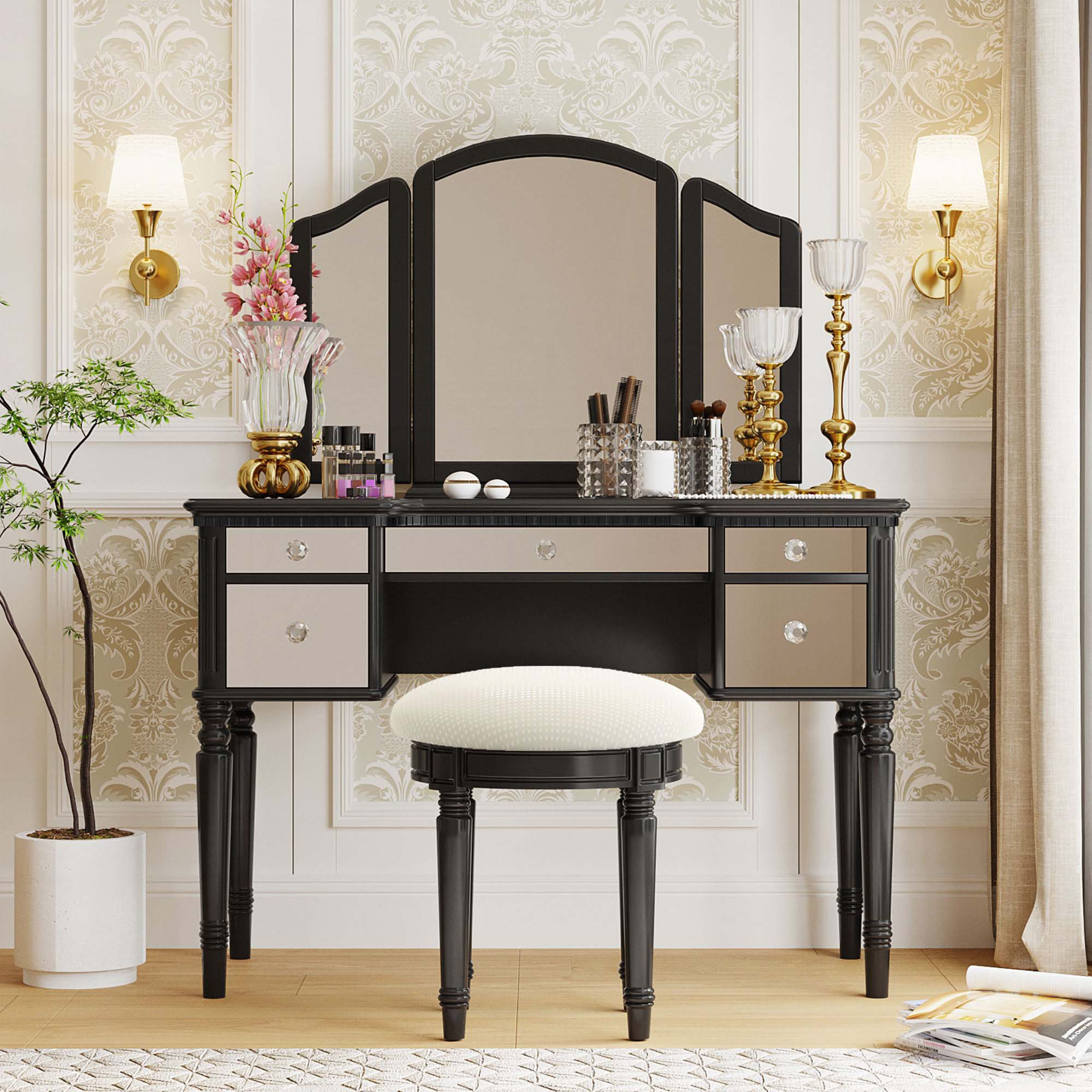 Red Barrel Studio® Dressing Table Set with Mirrored Drawers and Stool ...
