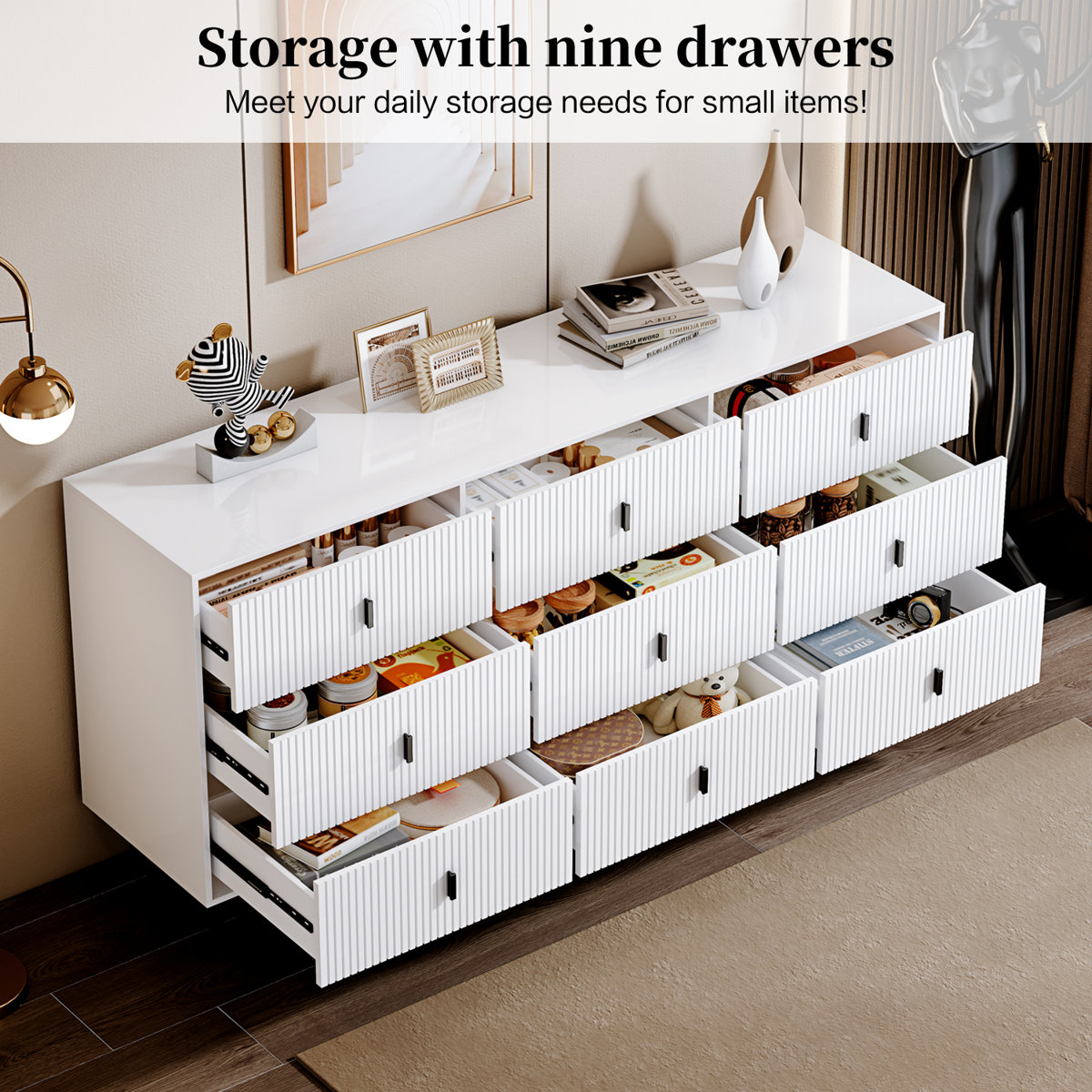 Ebern Designs White 9-Drawer Chest Of Drawers For Bedroom,Modern 9 ...