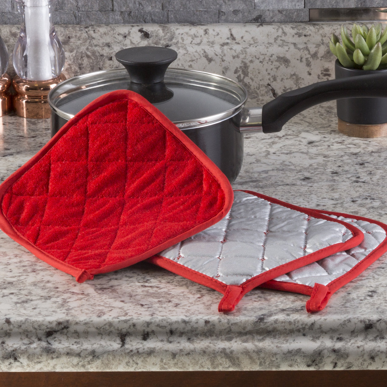 Lavish Home Pot Holder Set, 3 Piece Heat Resistant Quilted Cotton Pot ...