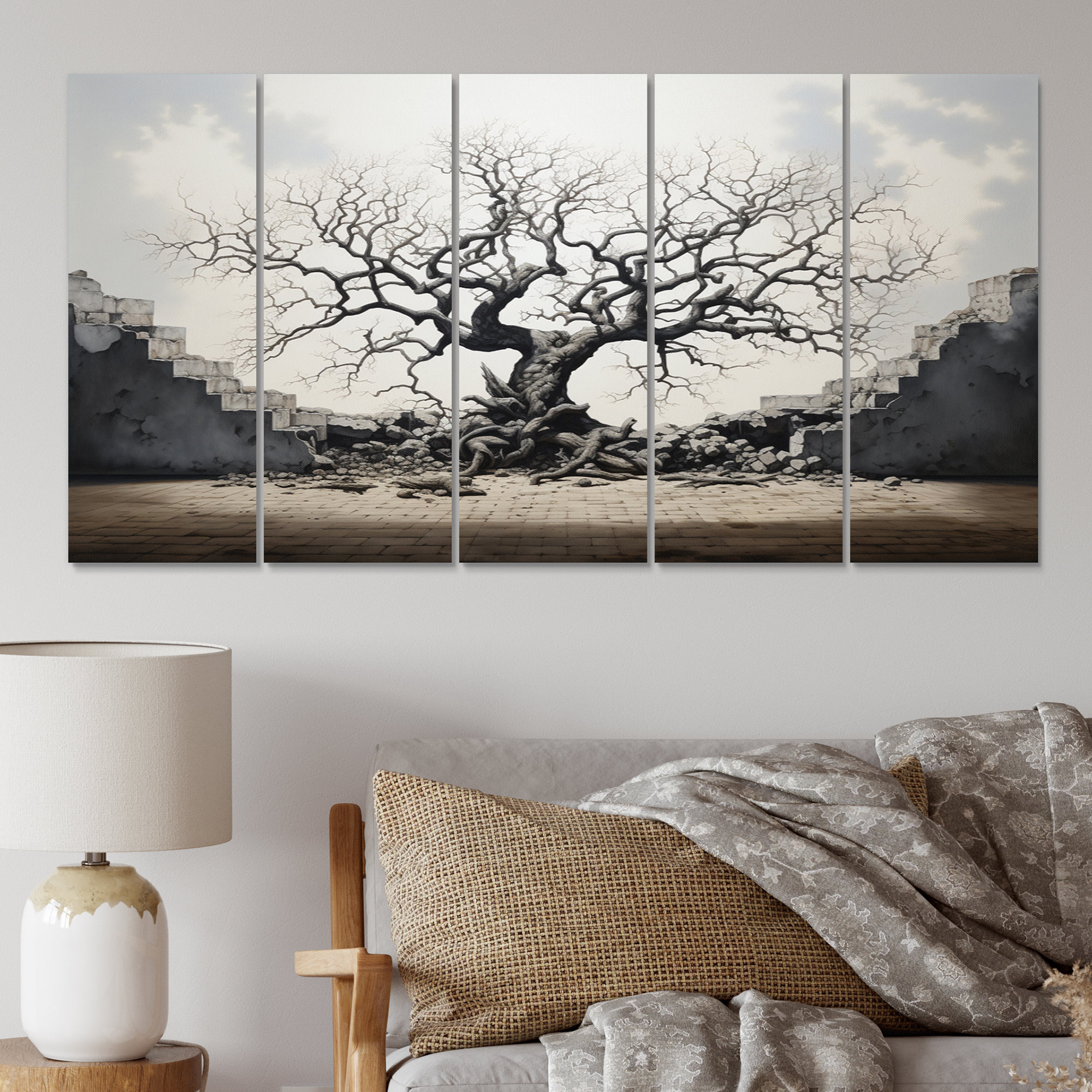 Red Barrel Studio® Minimalism Grey Tree Solitude IV On Canvas 5 Pieces ...