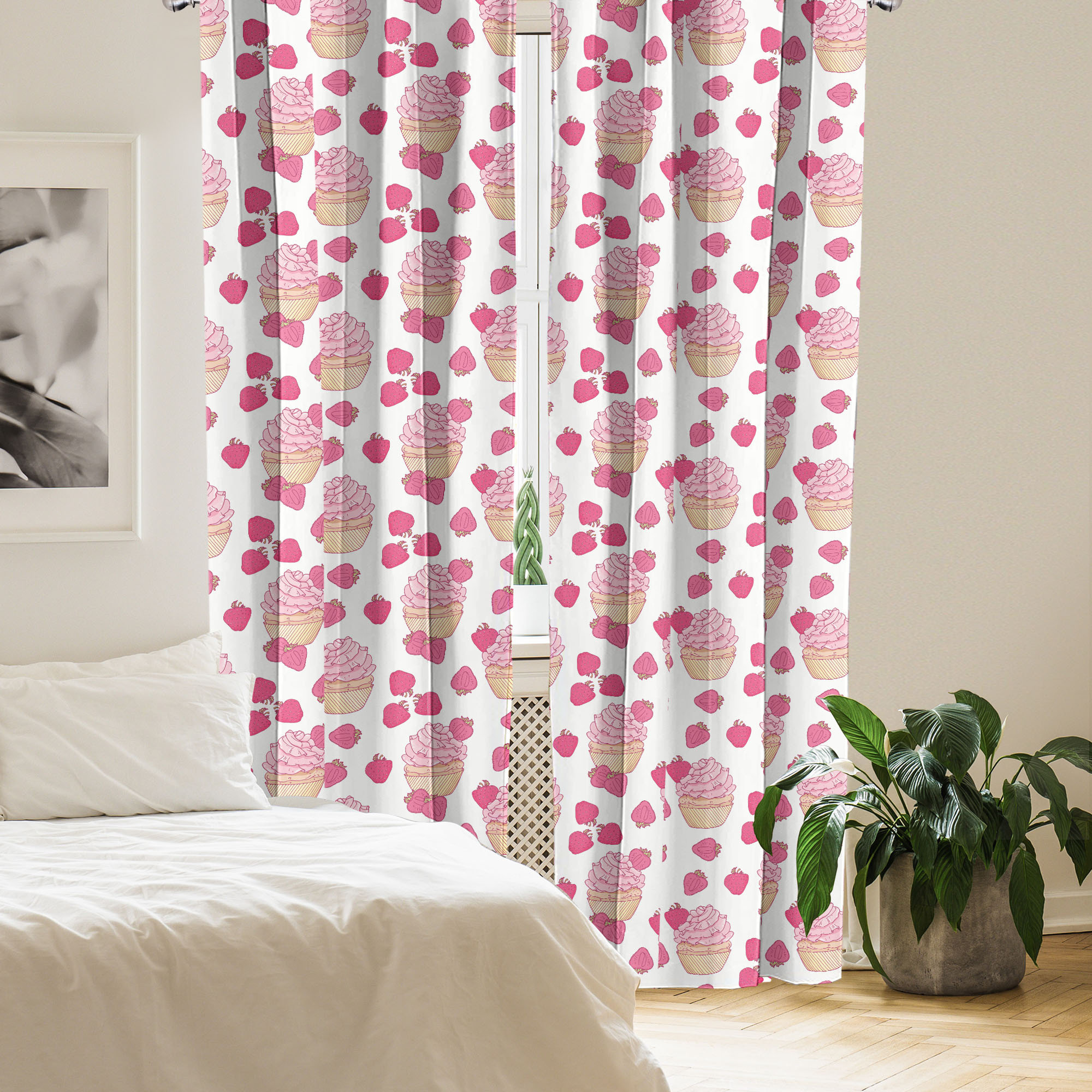 East Urban Home Cupcake 4-Panel Curtains, Doodle Style Strawberry Pale ...