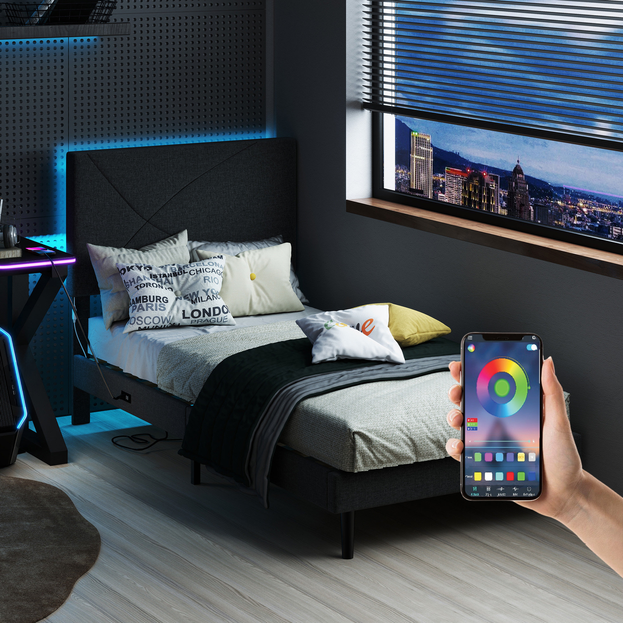 39F inc Upholstered Bed Frame with USB Ports Type-C Port LED Light ...