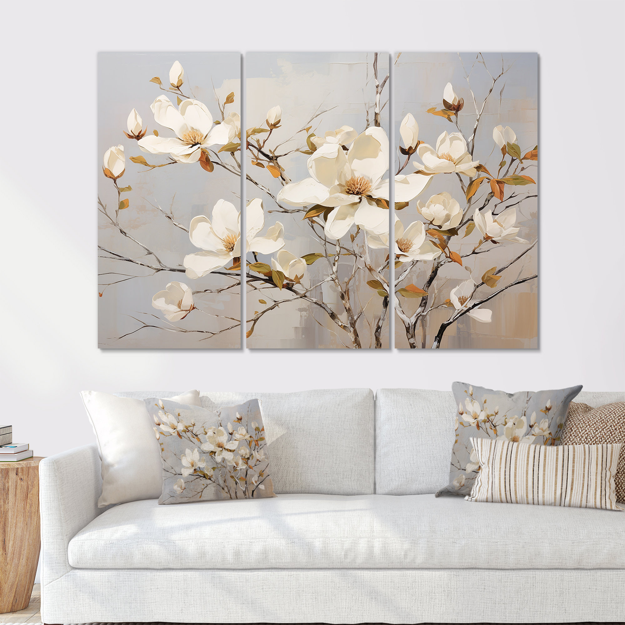 Lark Manor™ White And Gold Magnolias Flowers Harmony III - Magnolias Wall Art Print Set | Wayfair