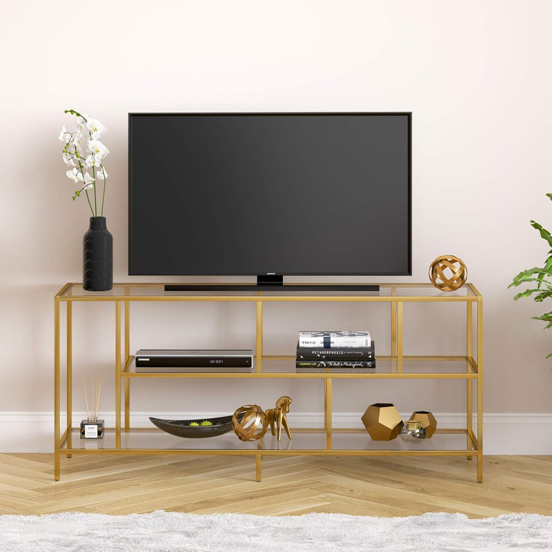 Everly Quinn Rectangular TV Stand With Glass Shelves For Living Room ...