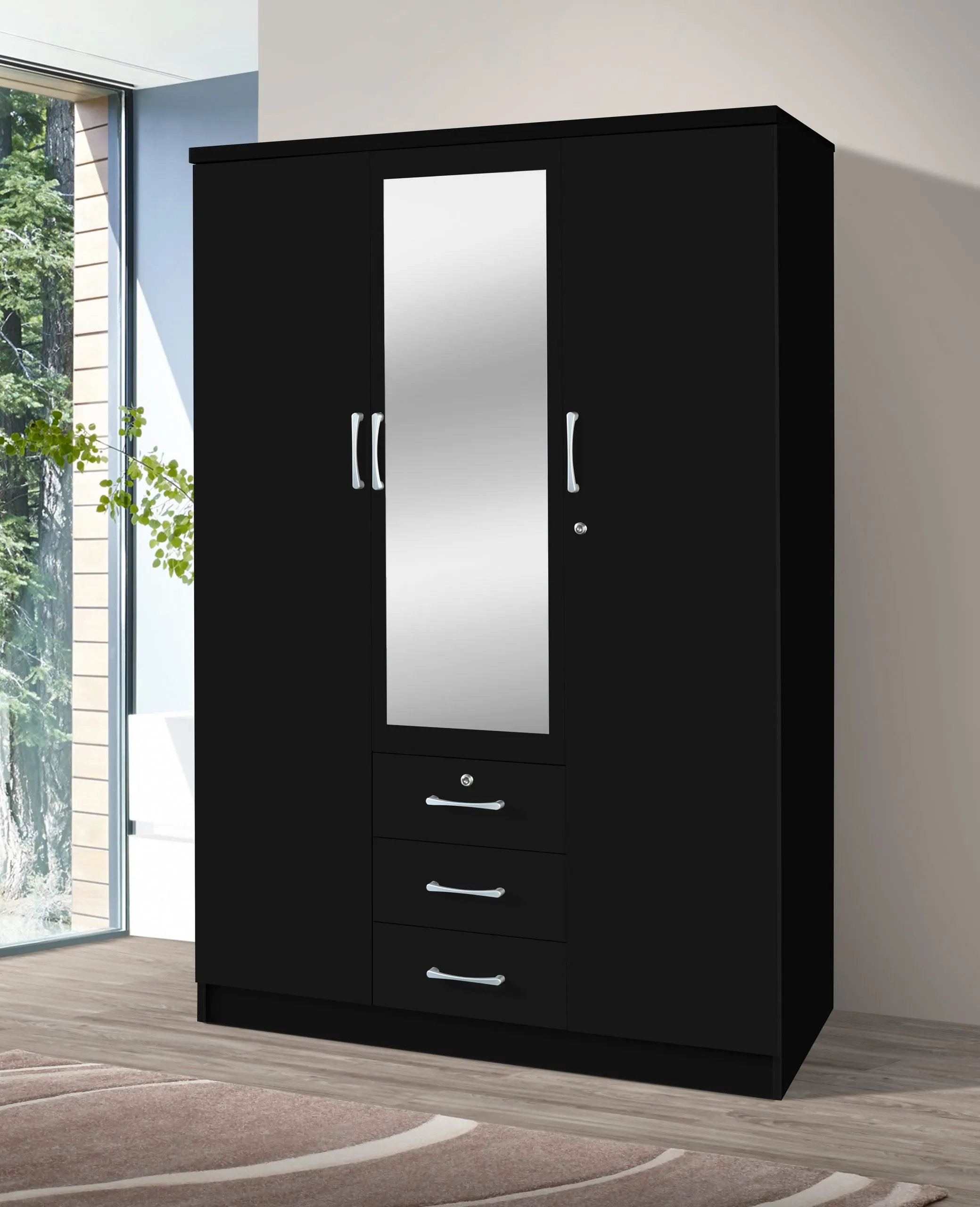 Ebern Designs 3 Door / 3 Drawer With Mirror Wardrobe | Wayfair