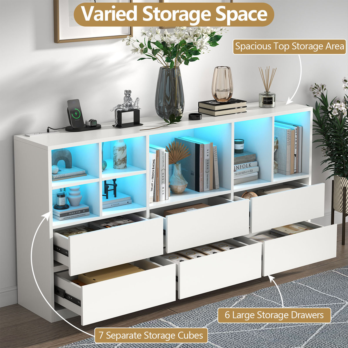 Wrought Studio™ 6 Drawers Dresser With 7 Storage Cubbies, LED Chest Of ...