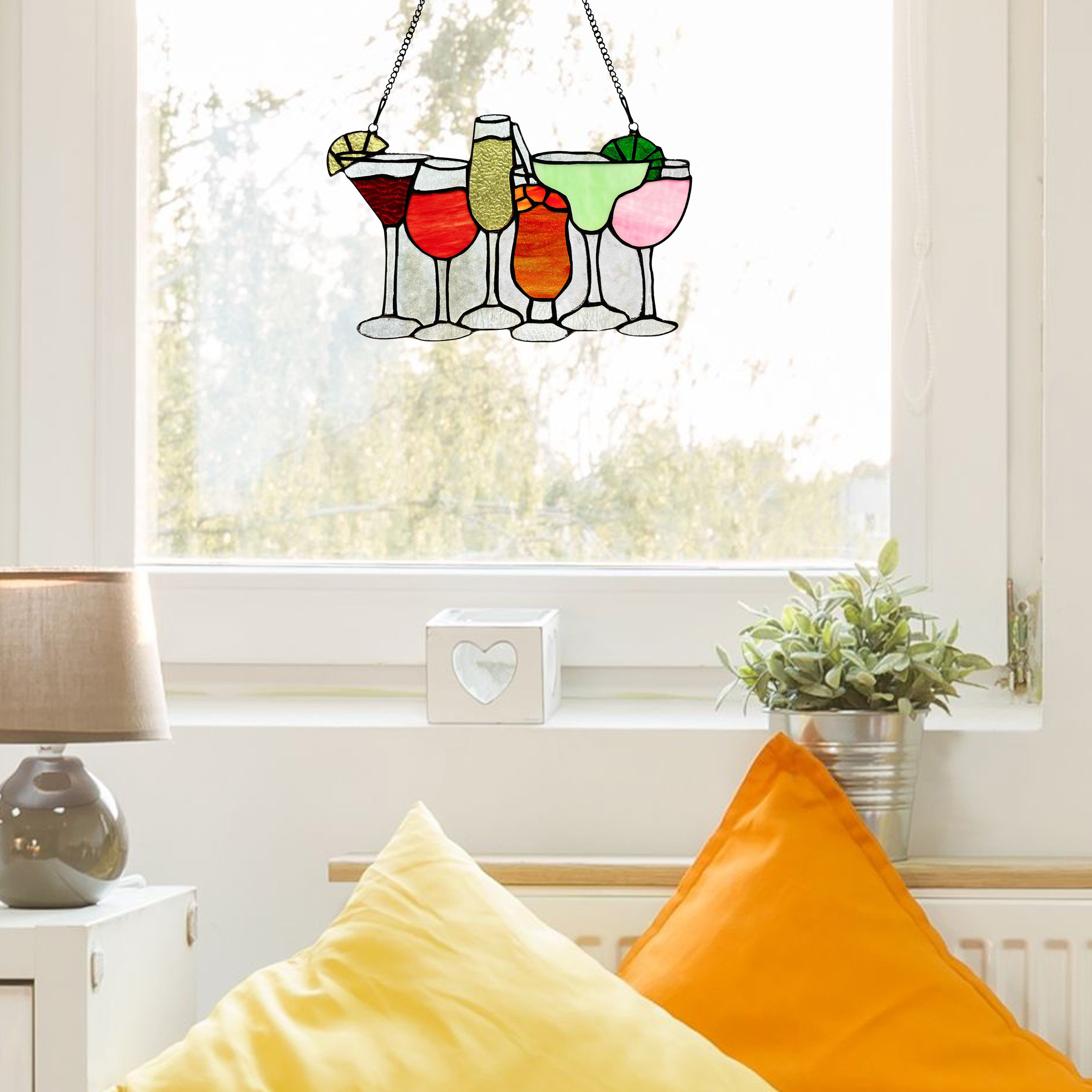 Winston Porter 7.75”H Cocktail Hour Multicoloured Stained Glass Window ...