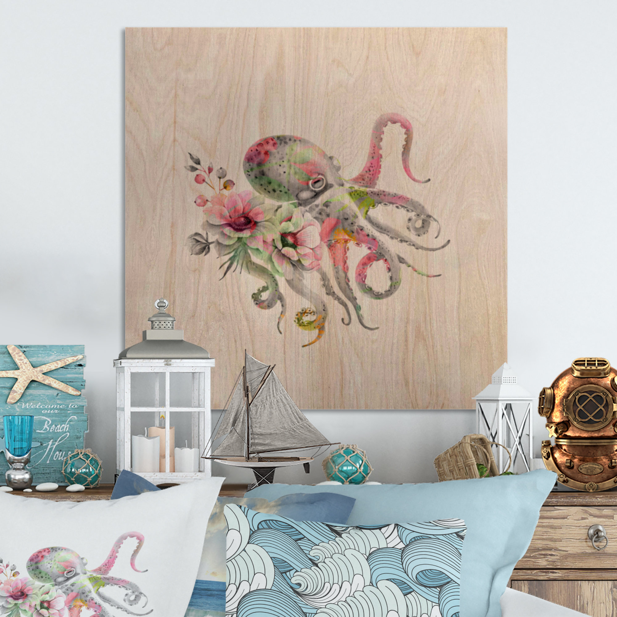 Highland Dunes Octopus With A Bouquet Of Delicate Flowers - Nautical ...