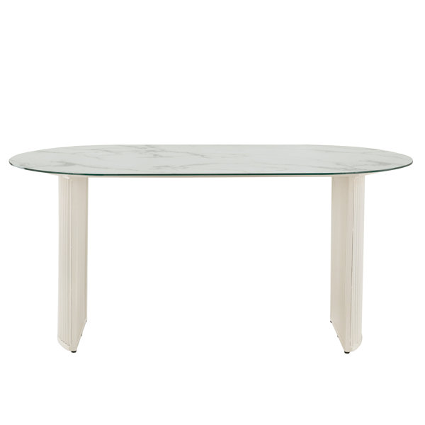 Ivy Bronx Silina 65" White Metal Marble Pattern Tempered Glass Dining ...