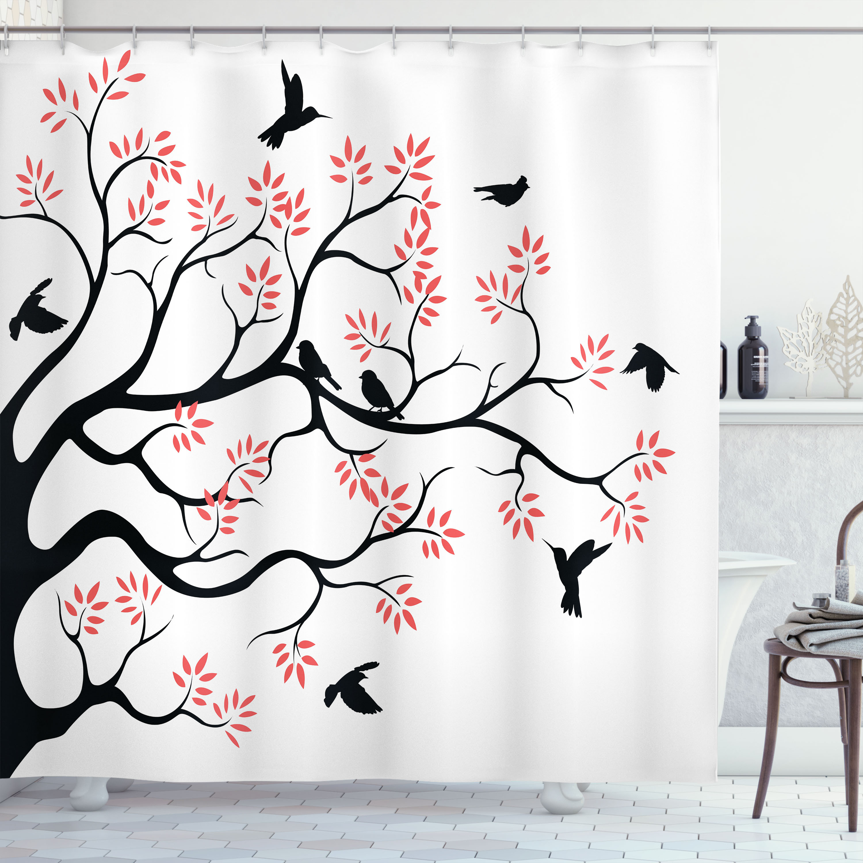 Latitude Run® Birds Shower Curtain Mockingbird on Plane Tree Coral ...