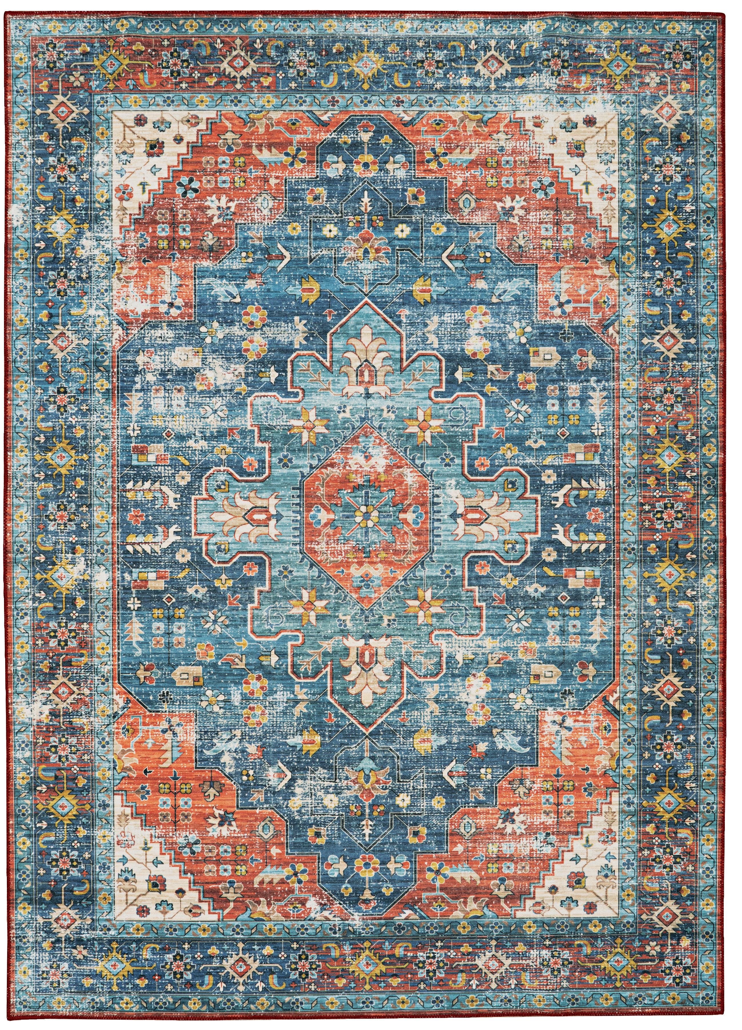Mistana™ Ducote Washable Teal and Rust Machine Woven Area Rug | Wayfair