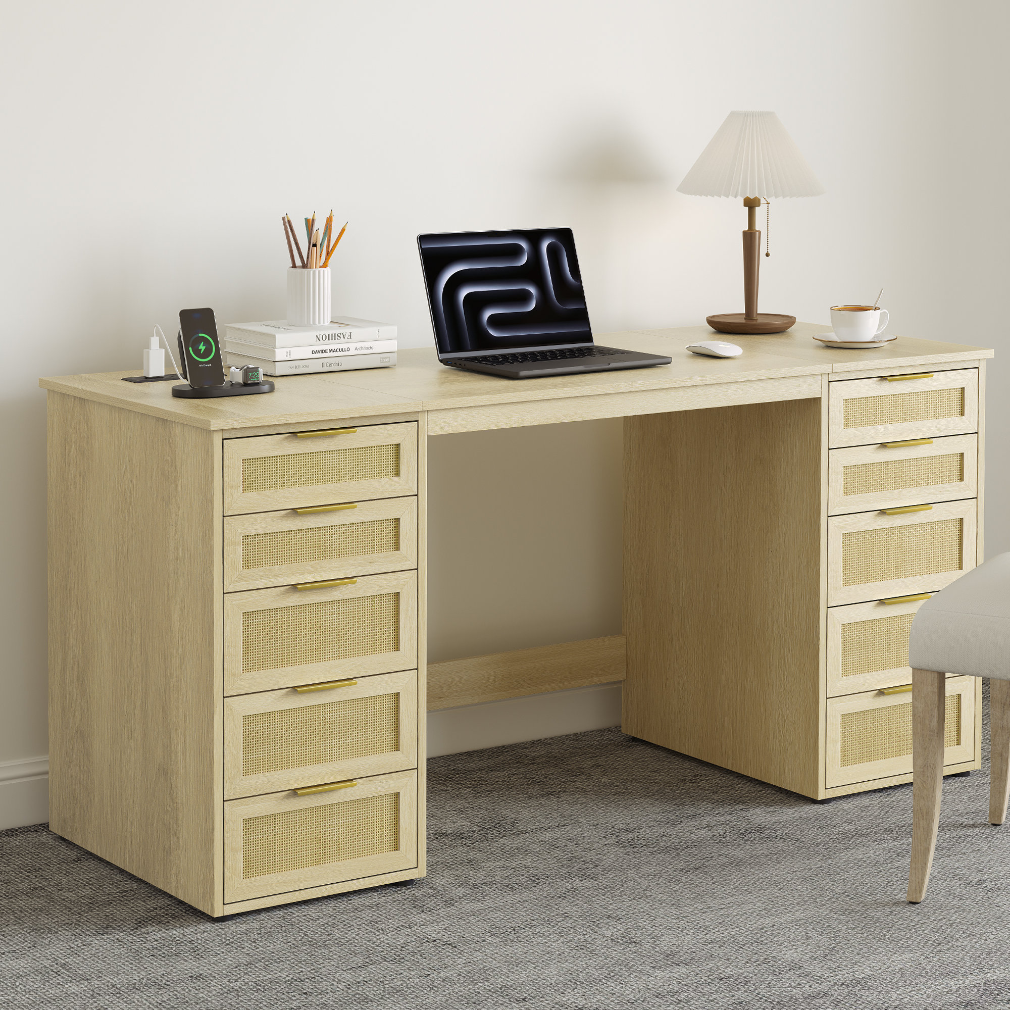 Bay Isle Home™ 60" Boho Farmhouse Home Office Desk with 10 Wooden ...