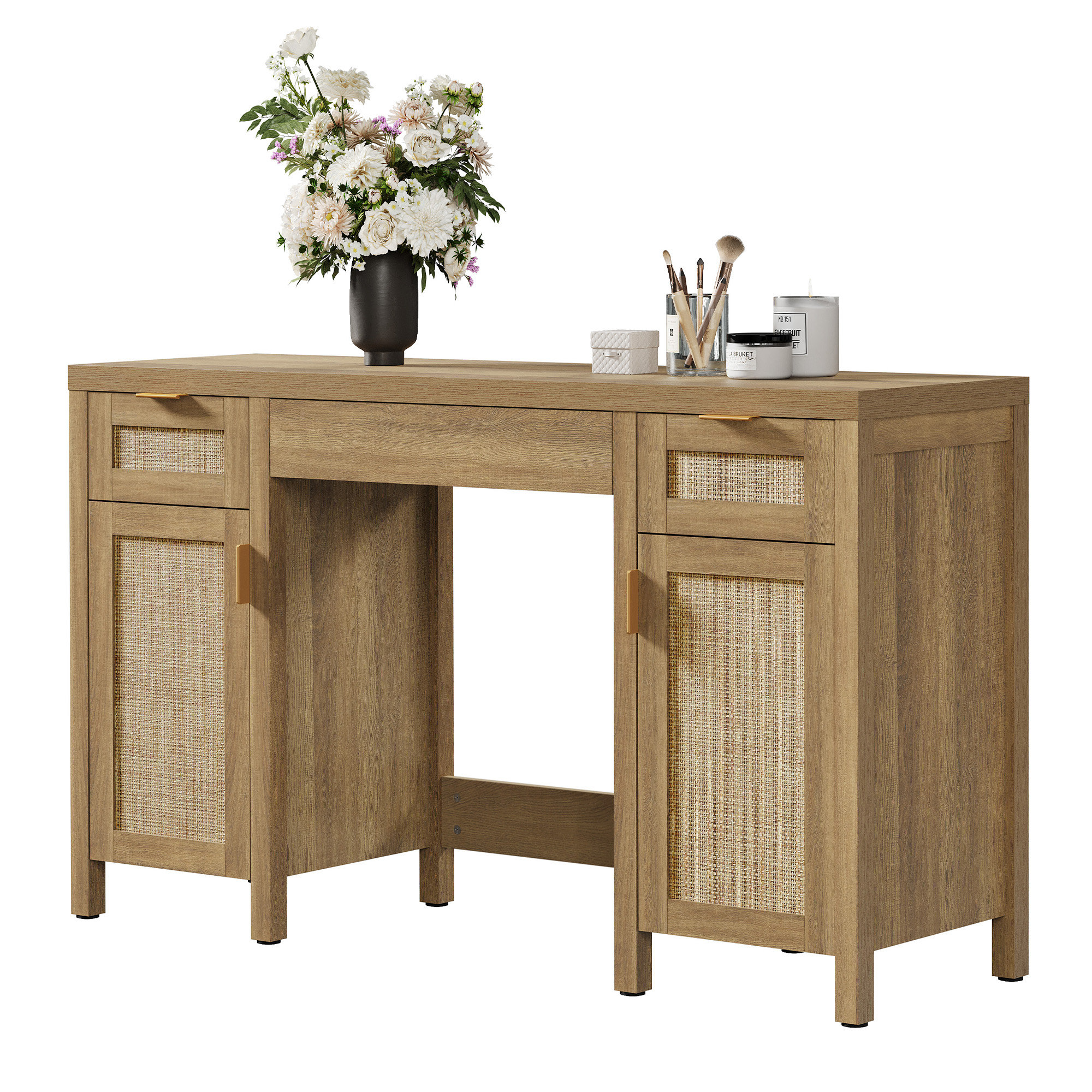 Dakota Fields Bohemian Rattan 3-Drawer And 2-Cabinet Makeup Vanity Desk ...