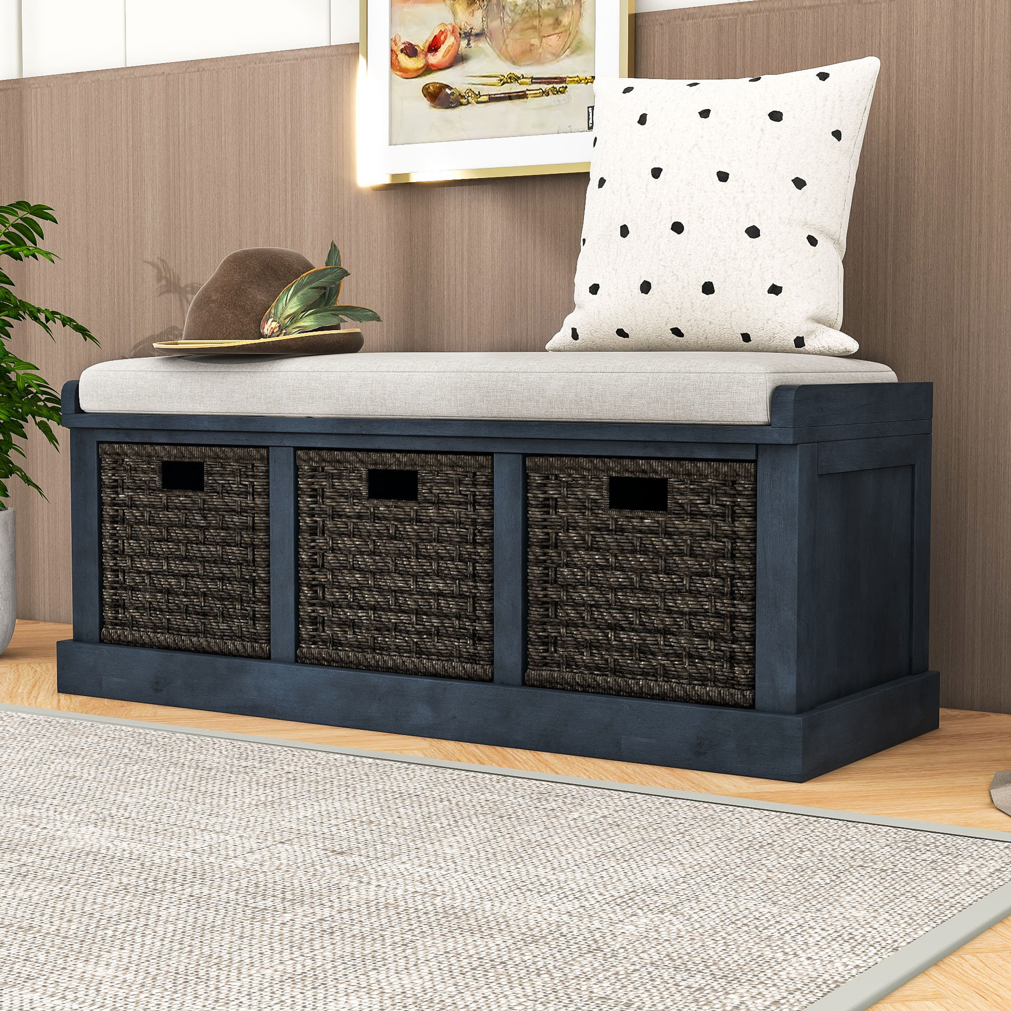 Lark Manor™ Rustic Storage Bench with Cushion and 3 Woven Rattan ...