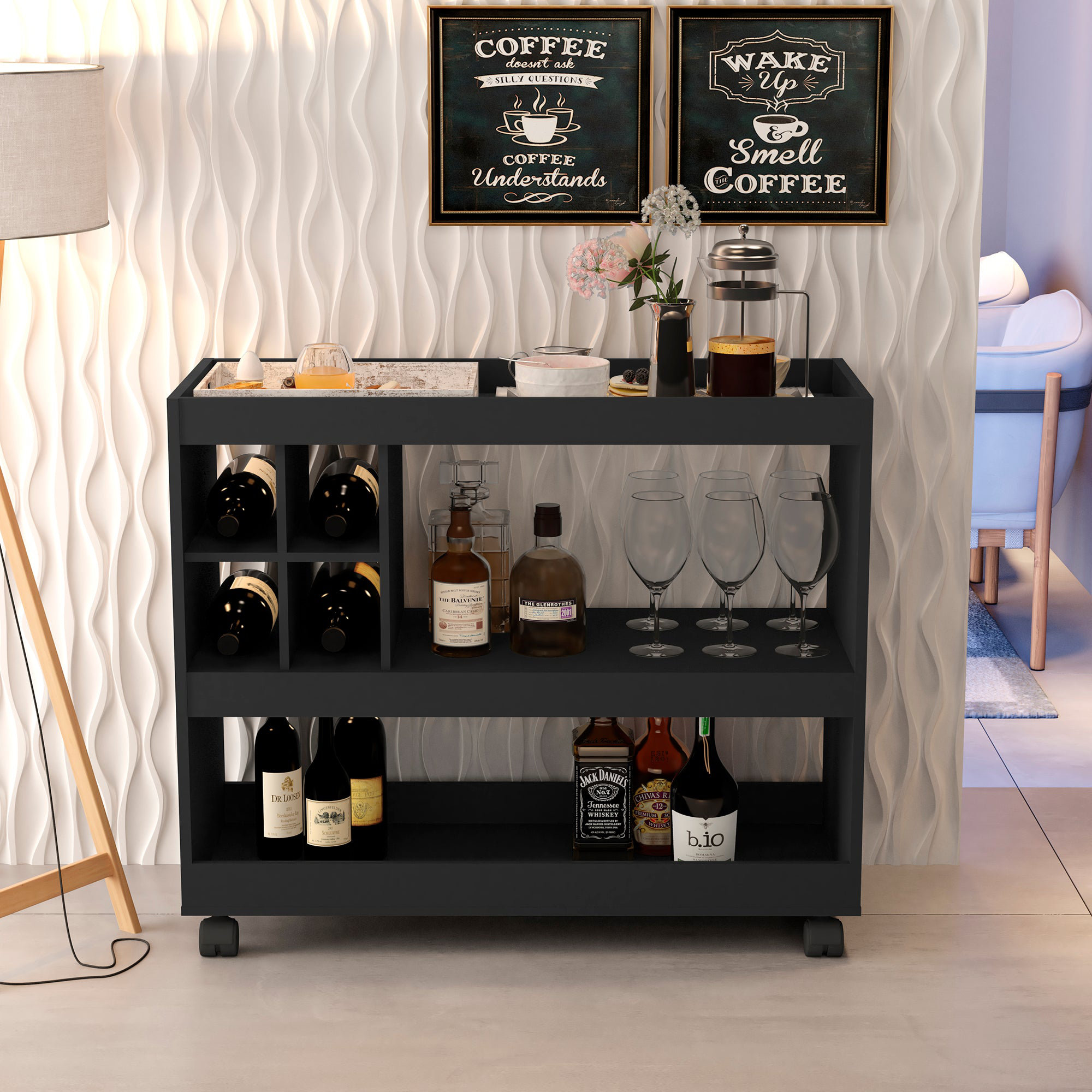 Boahaus Swansea Wood Bar Cart. 3 Tier Rolling Cart with Caster Wheels ...