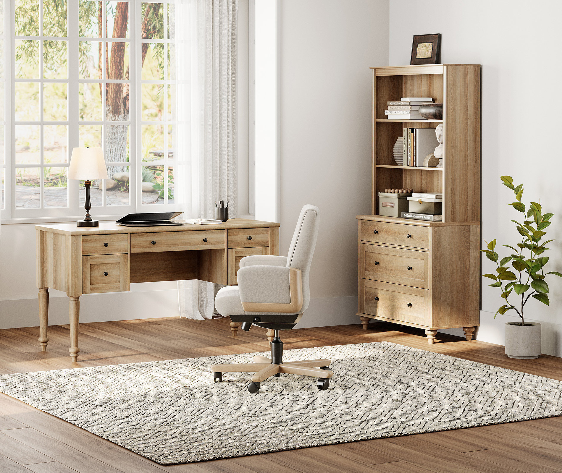 Charlton Home® 2 Piece Office Set, 56" Executive Desk & Bookcase With ...