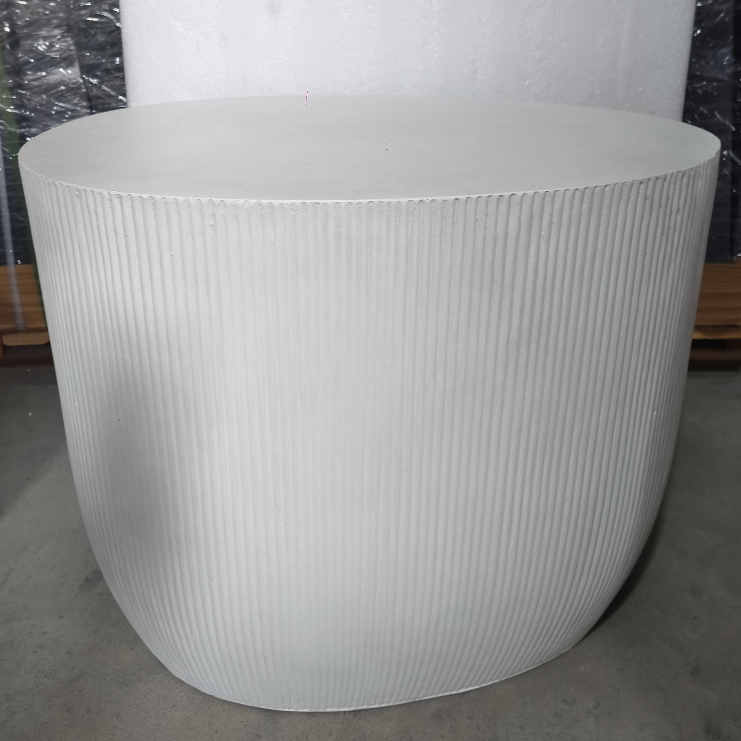 Ivy Bronx Drum-Shaped White Concrete Coffee Table With Vertical Ribbed ...