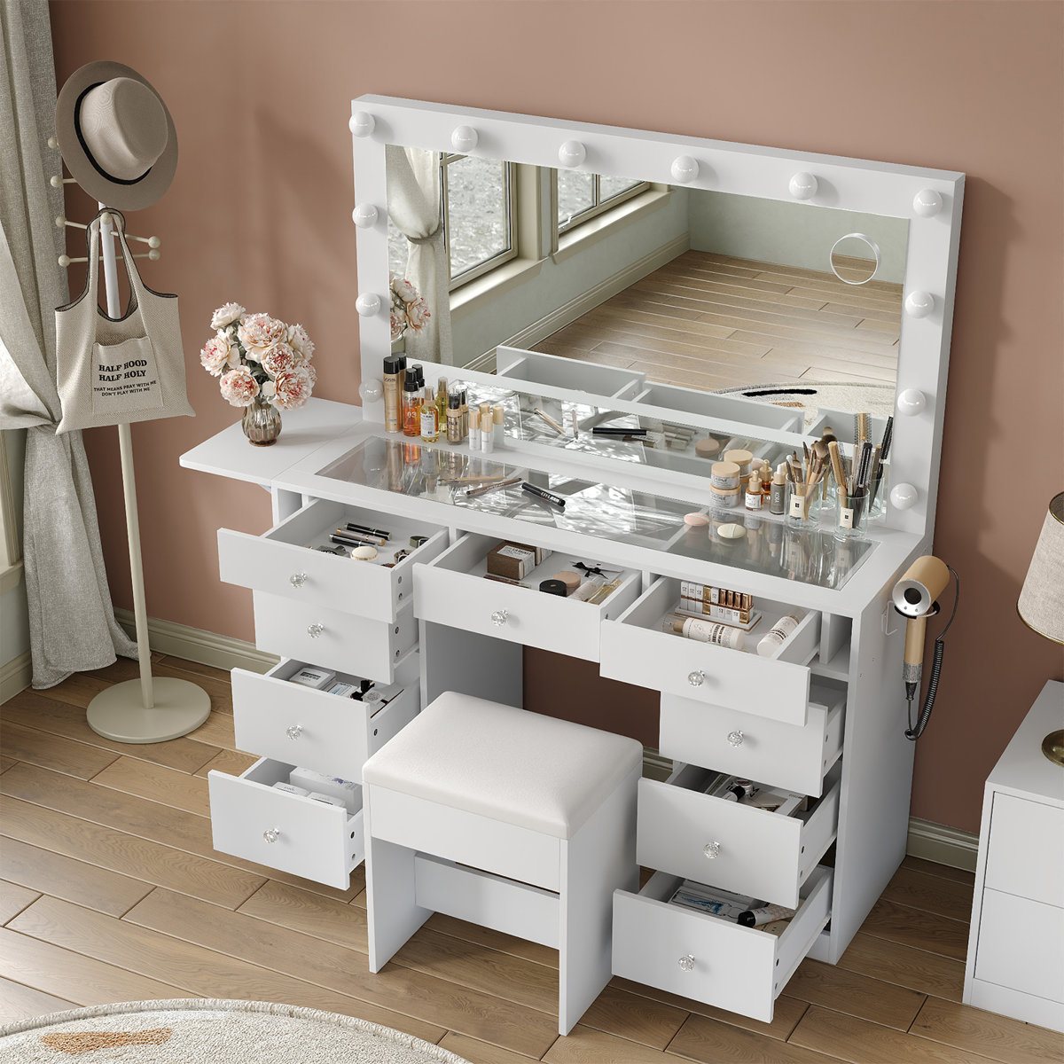 Latitude Run® Makeup Vanity with Mirror and Lights, 3 Lighting Modes ...