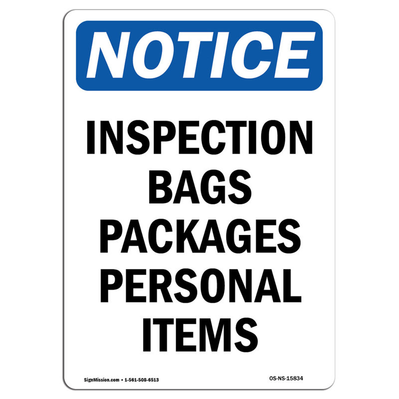 SignMission Inspection Bags Packages Personal Items Sign | Wayfair