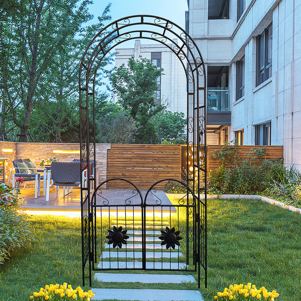 iYofe 98"H Metal Garden Arch with Gate, Climbing Plants Support Arch ...