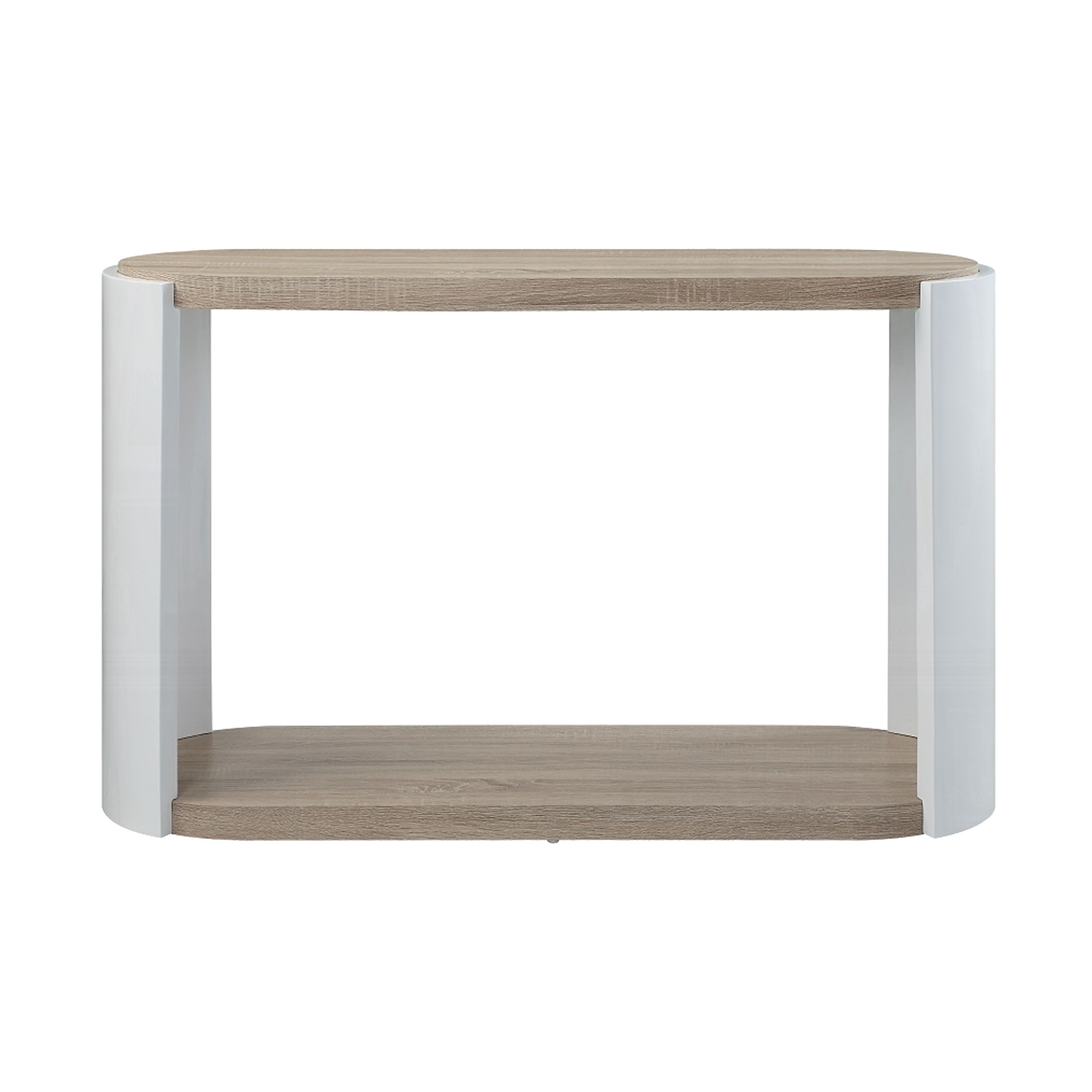 Benjara Romani Sofa Console Table, White High Gloss Wood, Brown, Oval ...