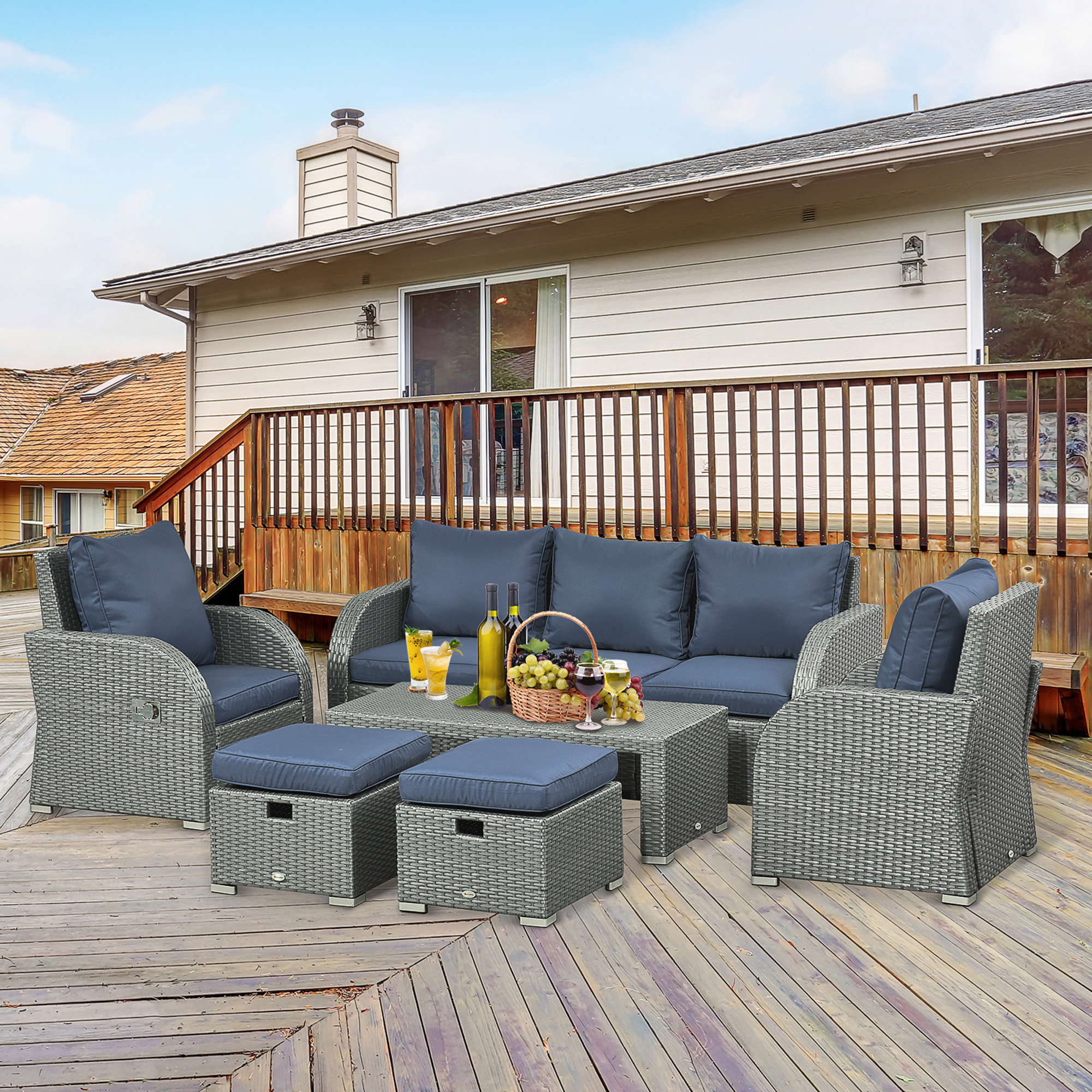 Wildon Home® Dorrell 6Pc Wicker Sectional Set Cushioned Outdoor Rattan ...