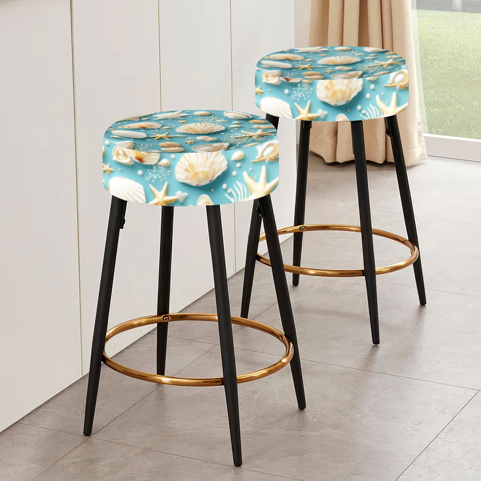 Design Art Coastal Seashells Coastal Pattern - Coastal Bar Stools Set ...