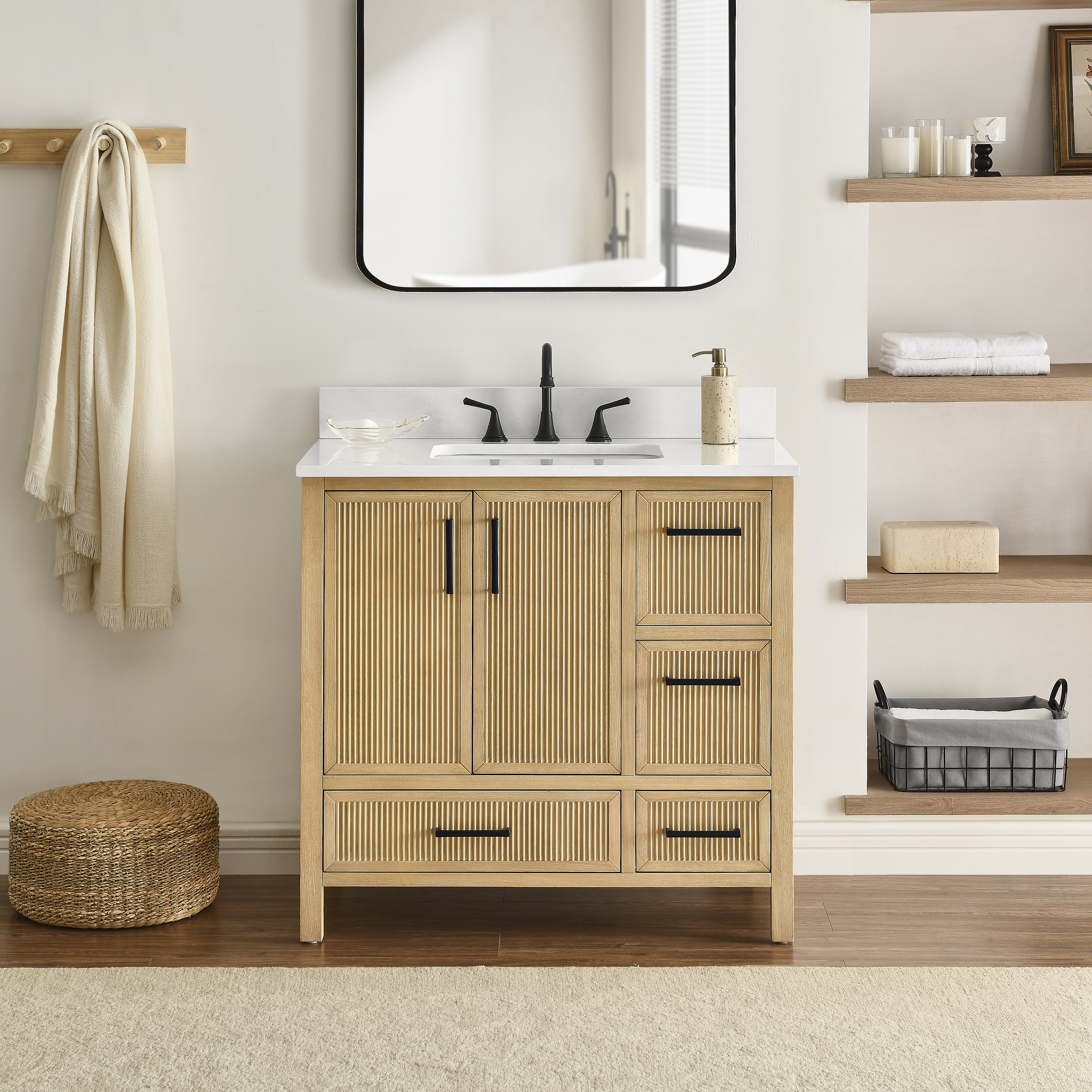 Ebern Designs Bathroom Vanity In Fluted Baltic Birch Finish With ...