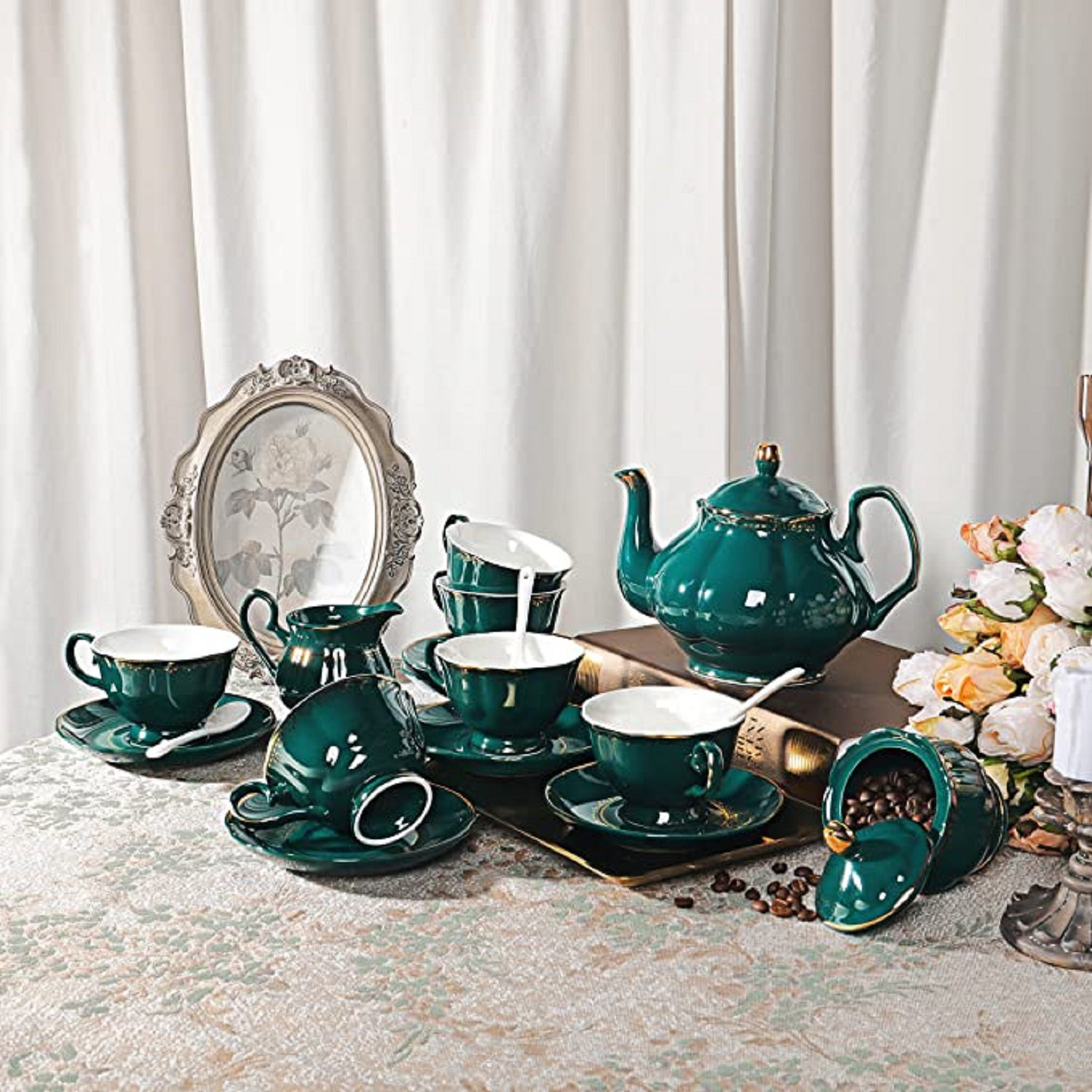 Red Barrel Studio® 21 Piece Vintage Porcelain Tea Set, Dark Green China ...