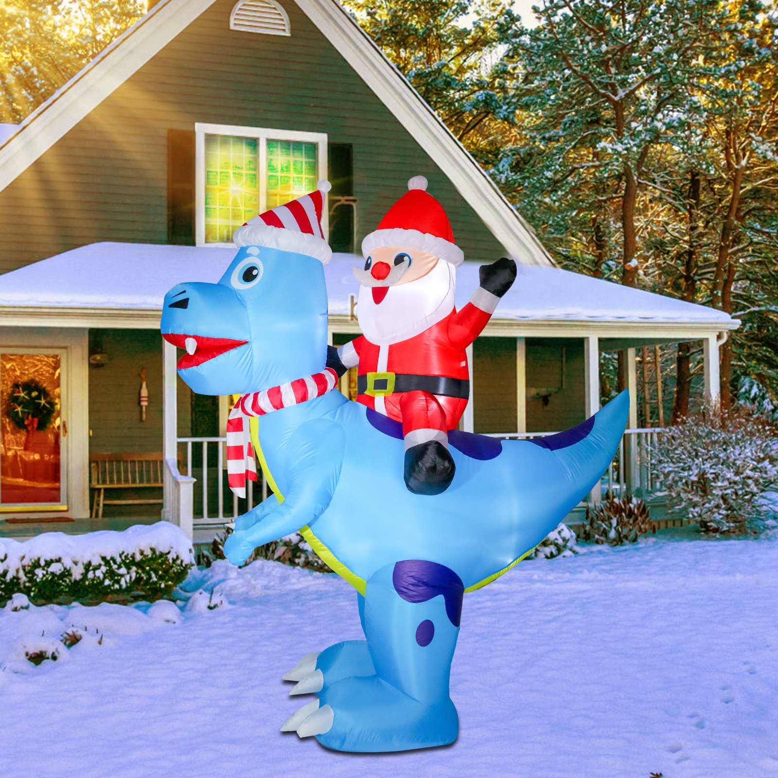 The Holiday Aisle® Santa Ride on Dinosaur Inflatable | Wayfair