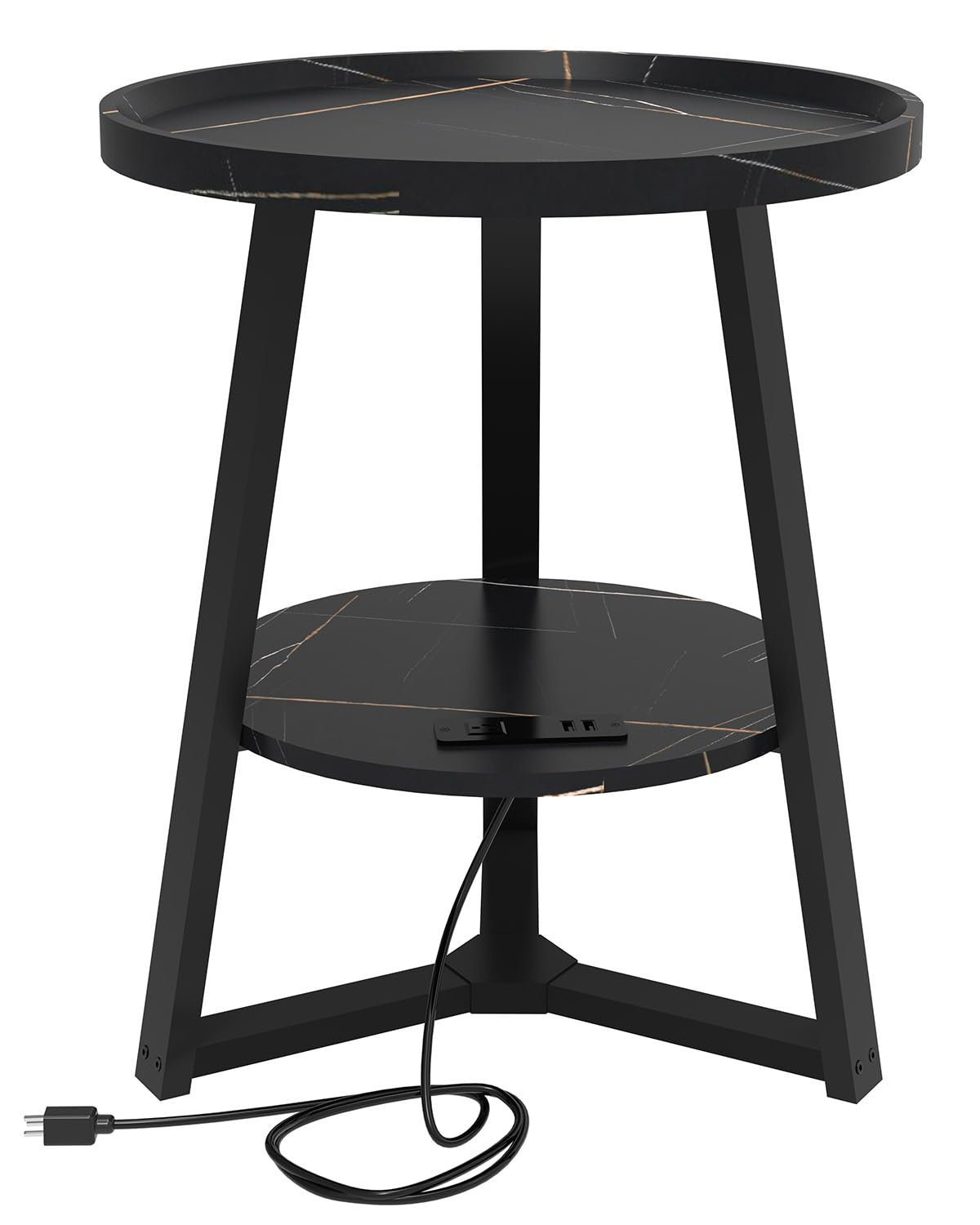 Latitude Run® Black Marble Round Charging Table - Sleek Side Table with ...