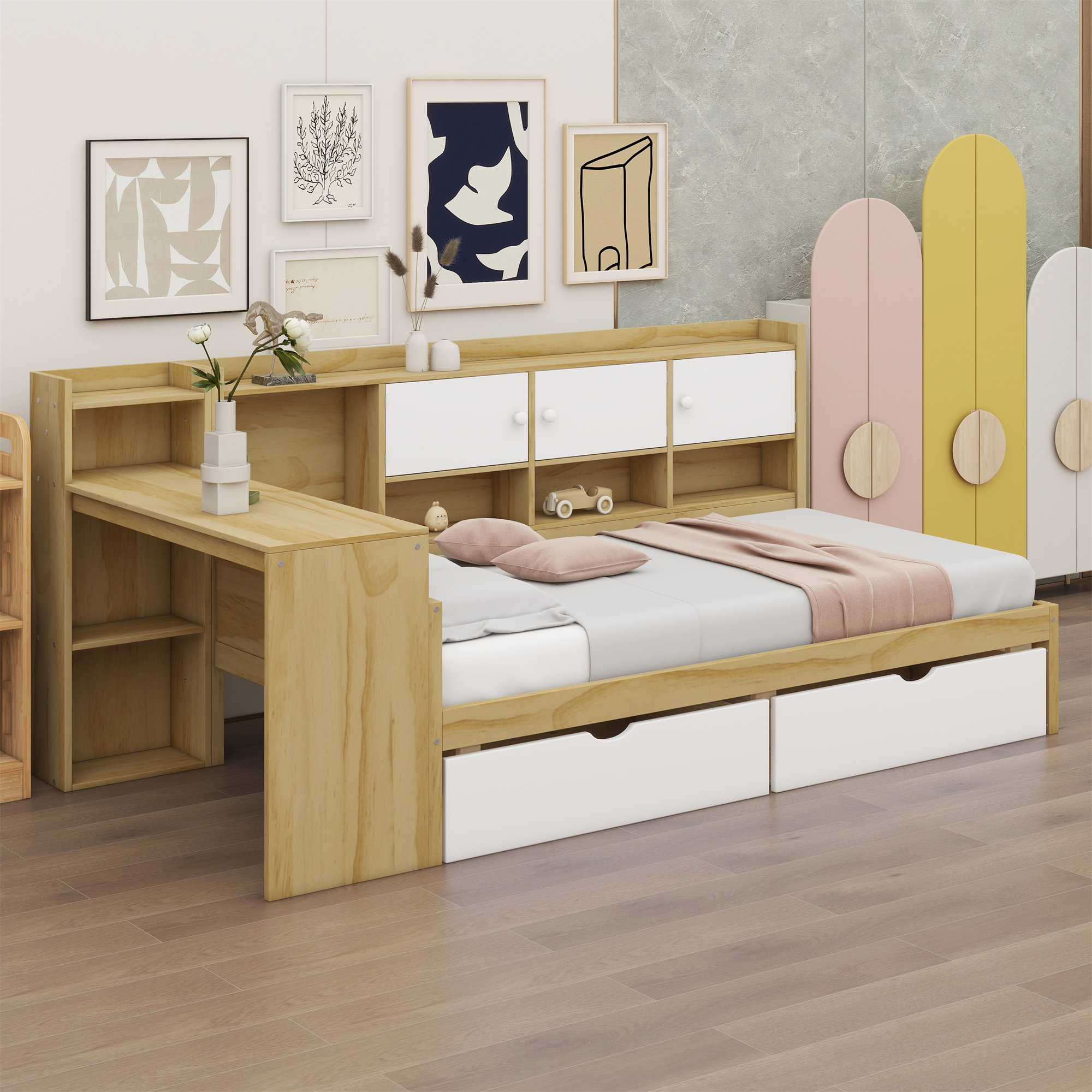 Latitude Run® Wooden L-Shape Daybed With Storage Cabinets And Two ...